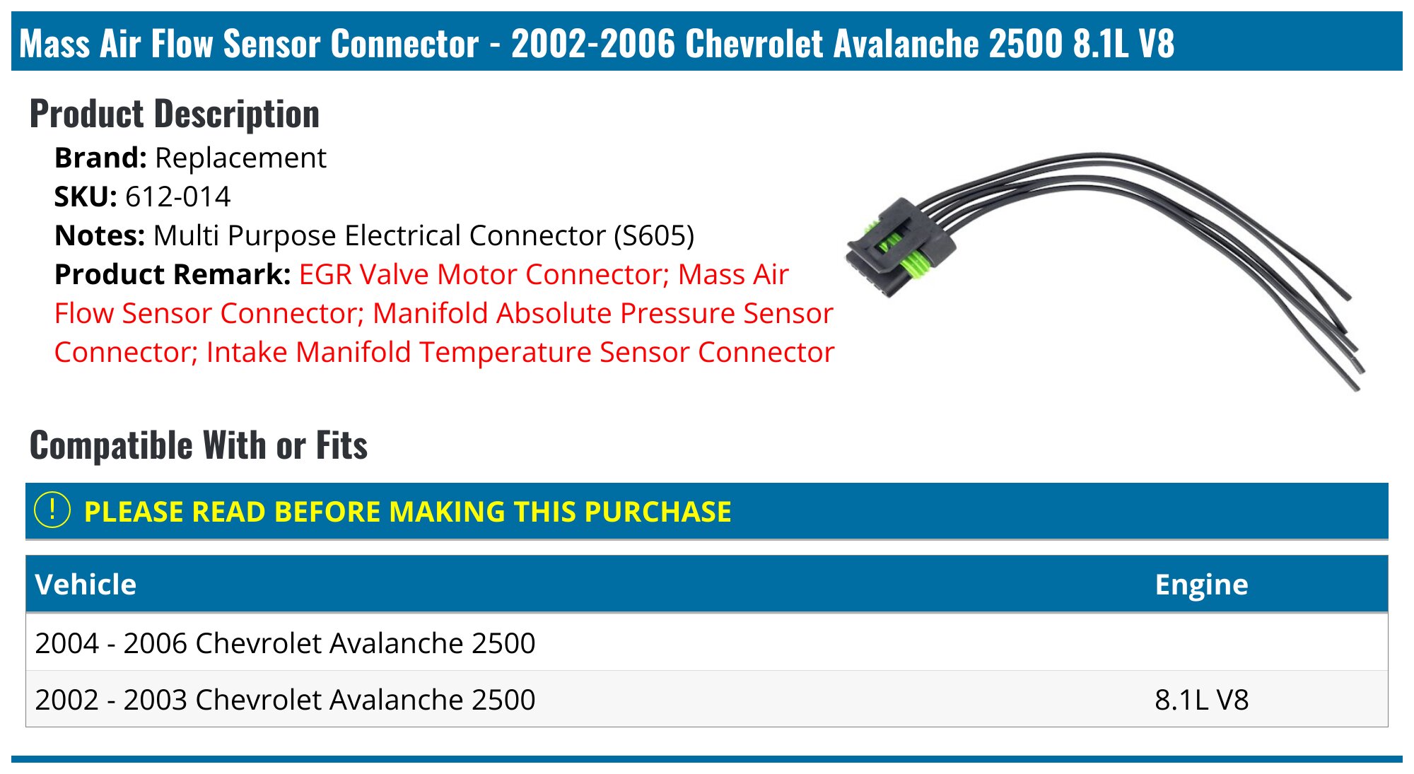 2002-2006 Chevrolet Avalanche 2500 Mass Air Flow Sensor Connector ...