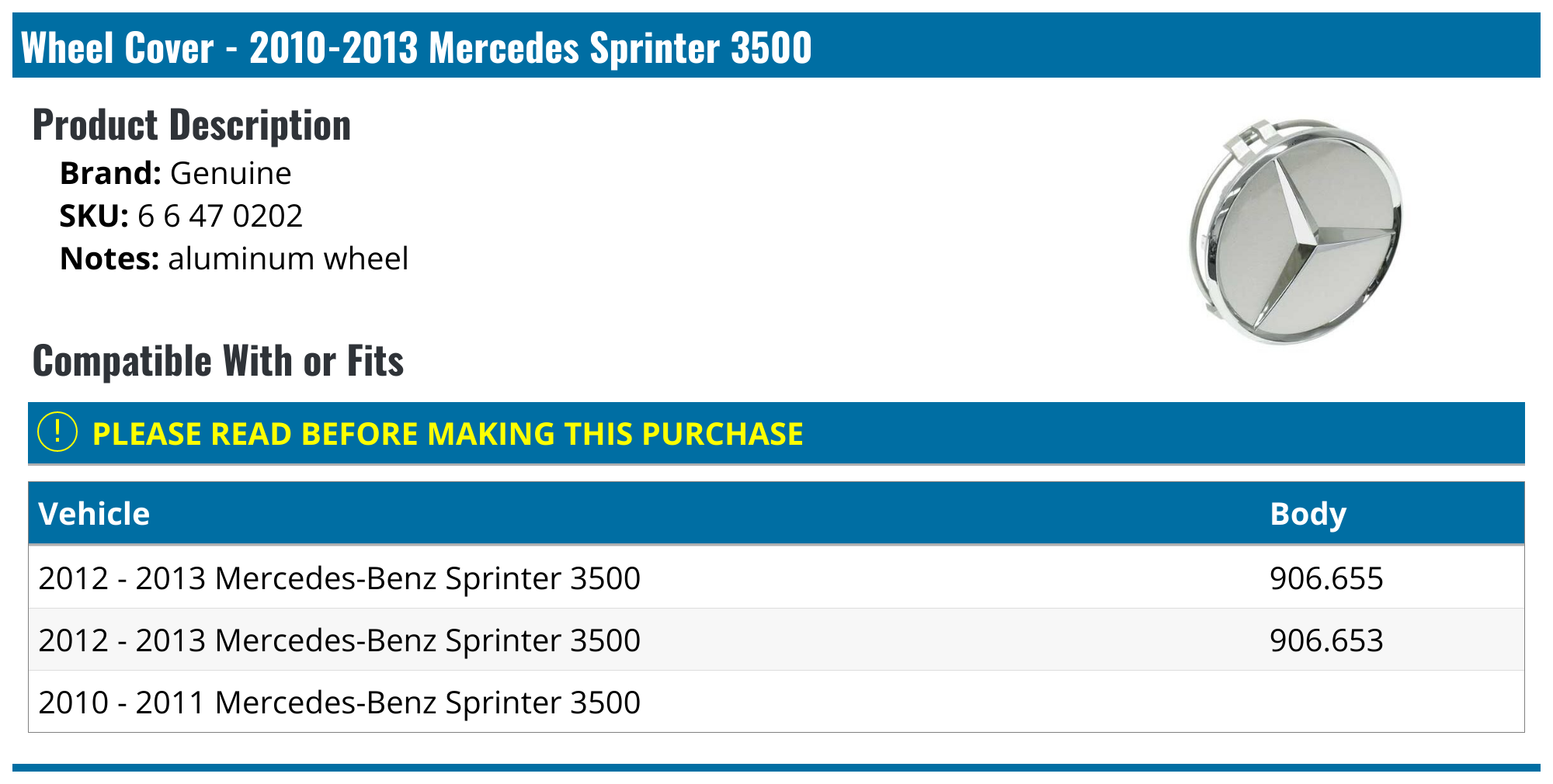 2010-2013 Mercedes Sprinter 3500 Wheel Cover - Genuine 6 6 47 0202 ...
