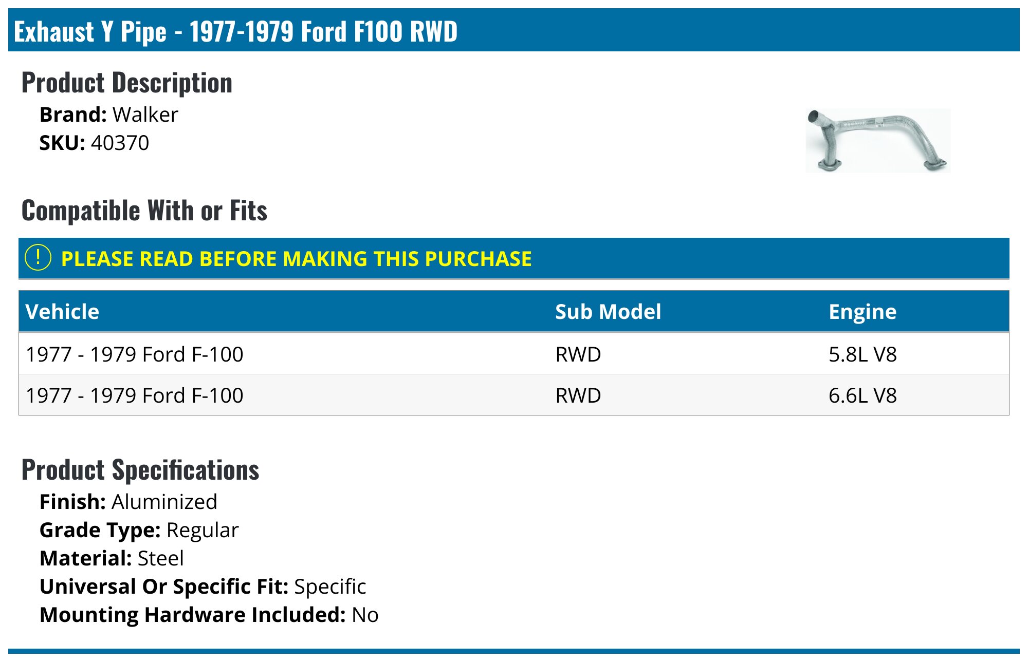 1977-1979 Ford F100 Exhaust Y Pipe - Walker 40370 - PartsGeek.com