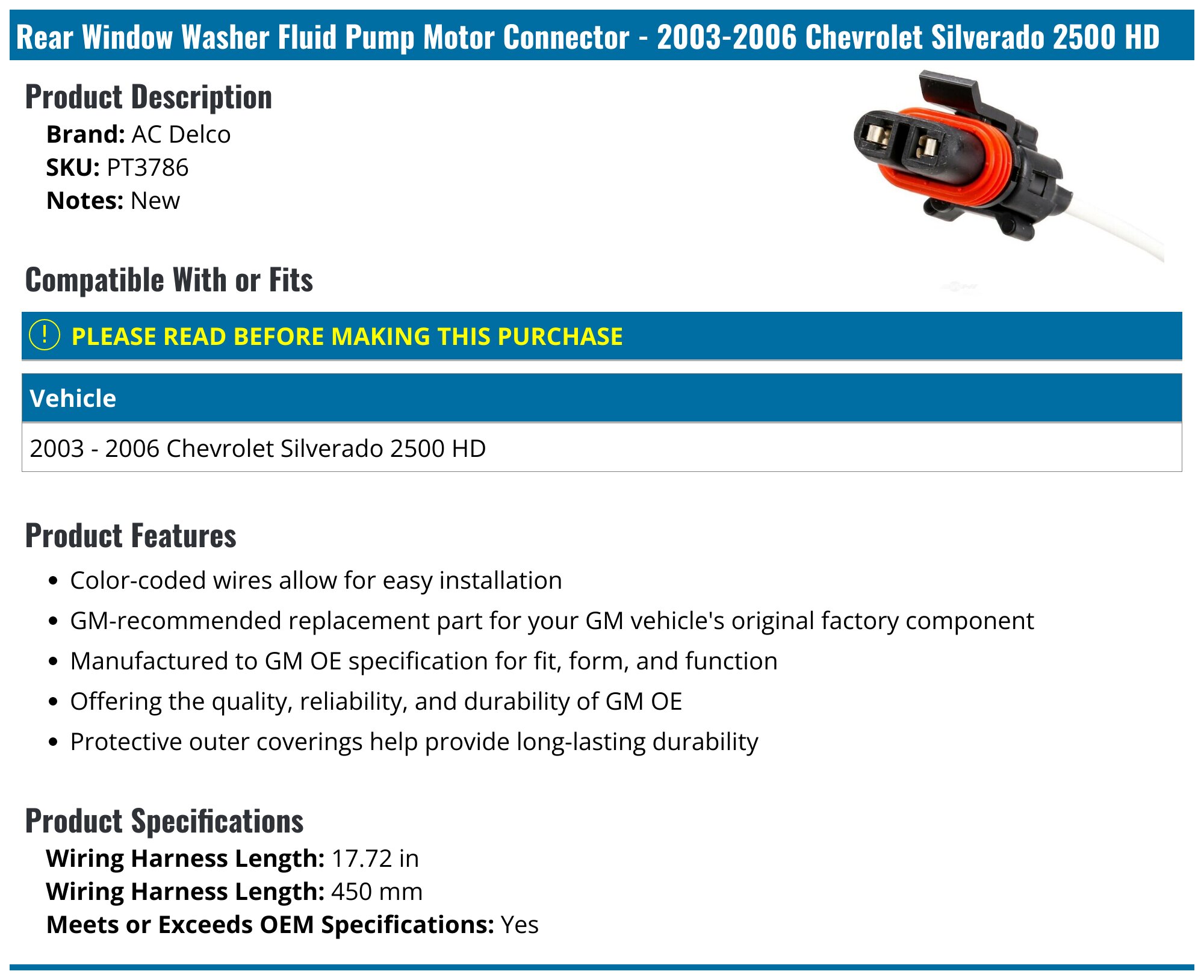 2003-2006 Chevrolet Silverado 2500 HD Rear Window Washer Fluid Pump ...