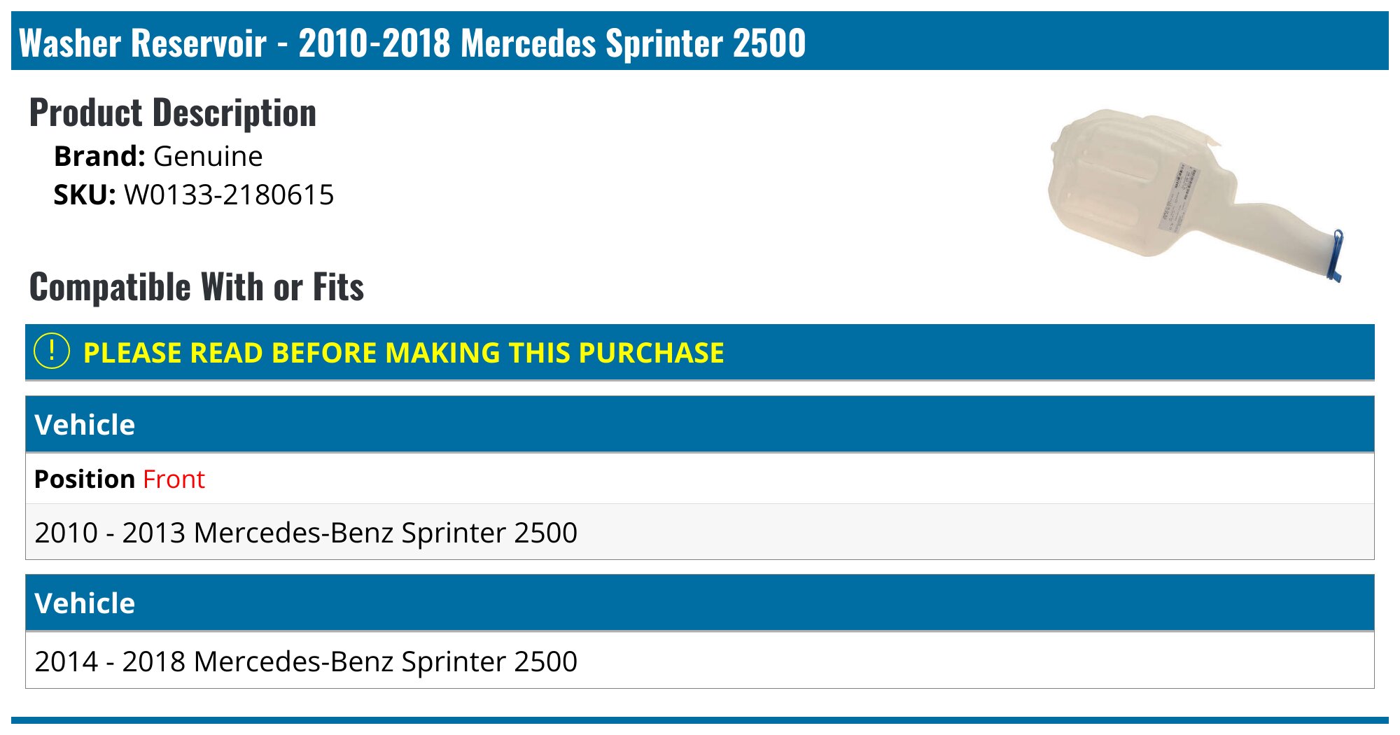 2010-2018 Mercedes Sprinter 2500 Windshield Washer Tank - Genuine W0133 ...