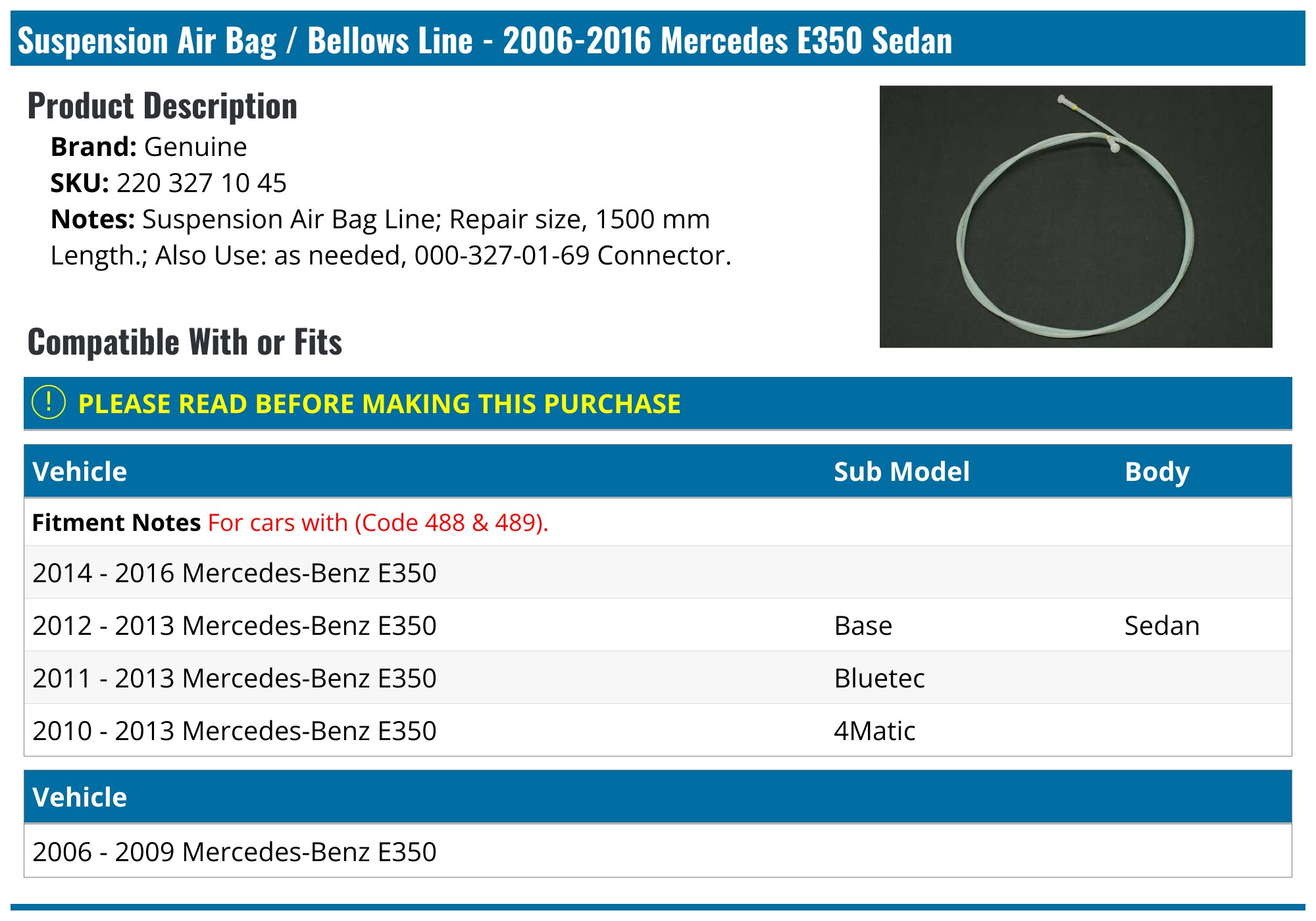 2006-2016 Mercedes E350 Suspension Air Bag / Bellows Line - Genuine 220 ...
