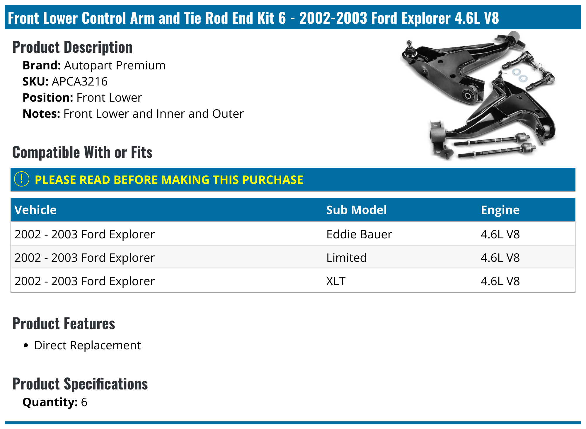 2002-2003 Ford Explorer Control Arm - Autopart Premium APCA3216 - Front ...