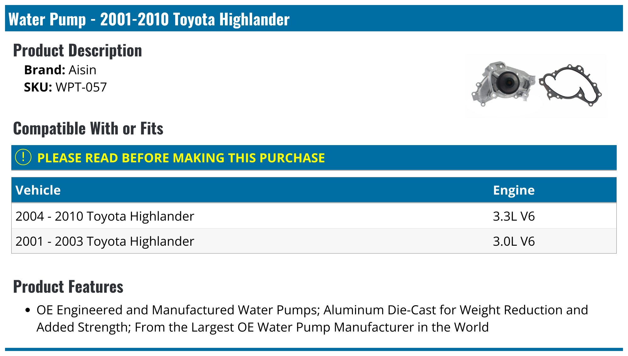 2001-2010 Toyota Highlander Water Pump - Aisin WPT-057 - PartsGeek.com