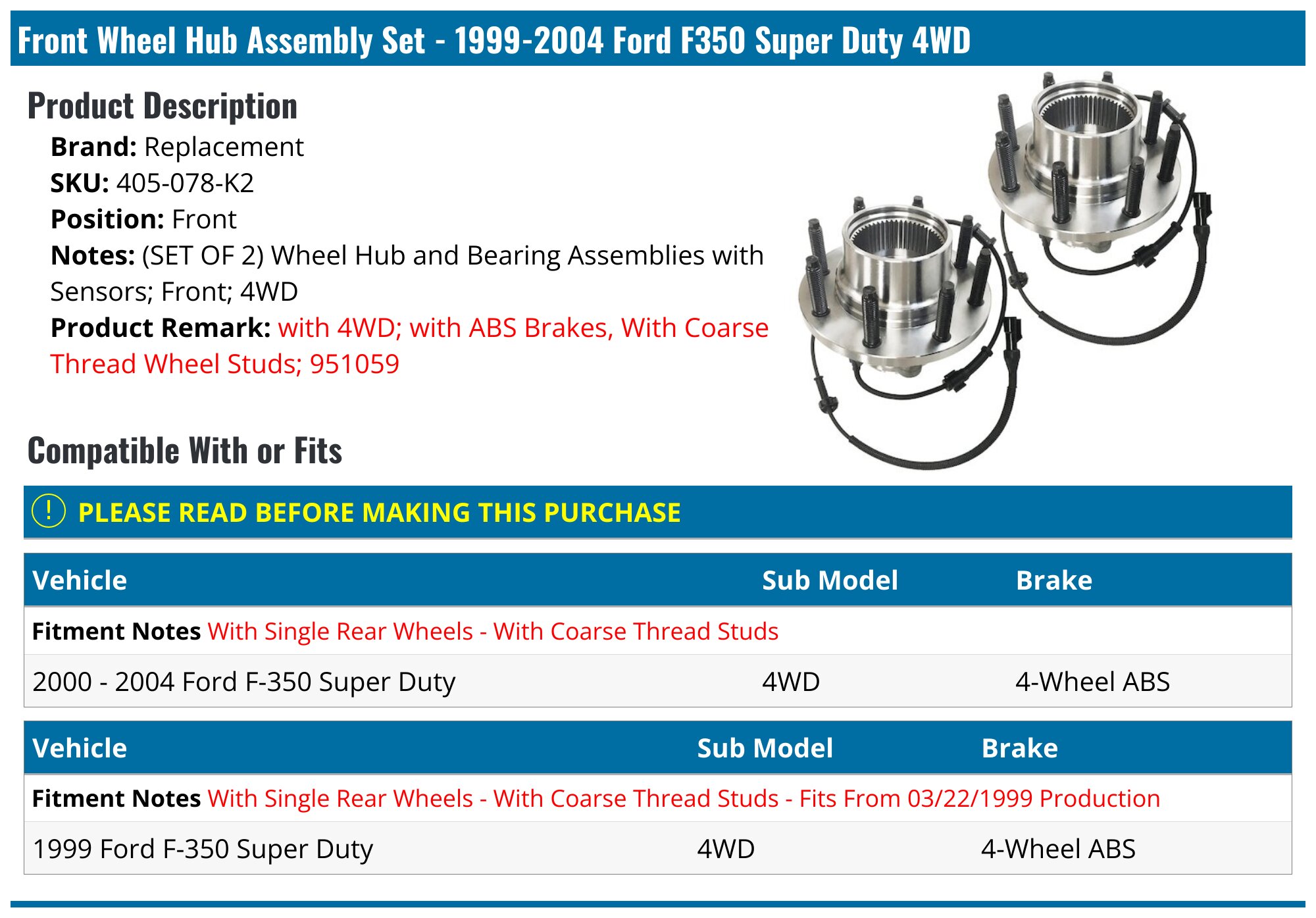 1999-2004 Ford F350 Super Duty Wheel Hub Assembly - Replacement 405-078 ...