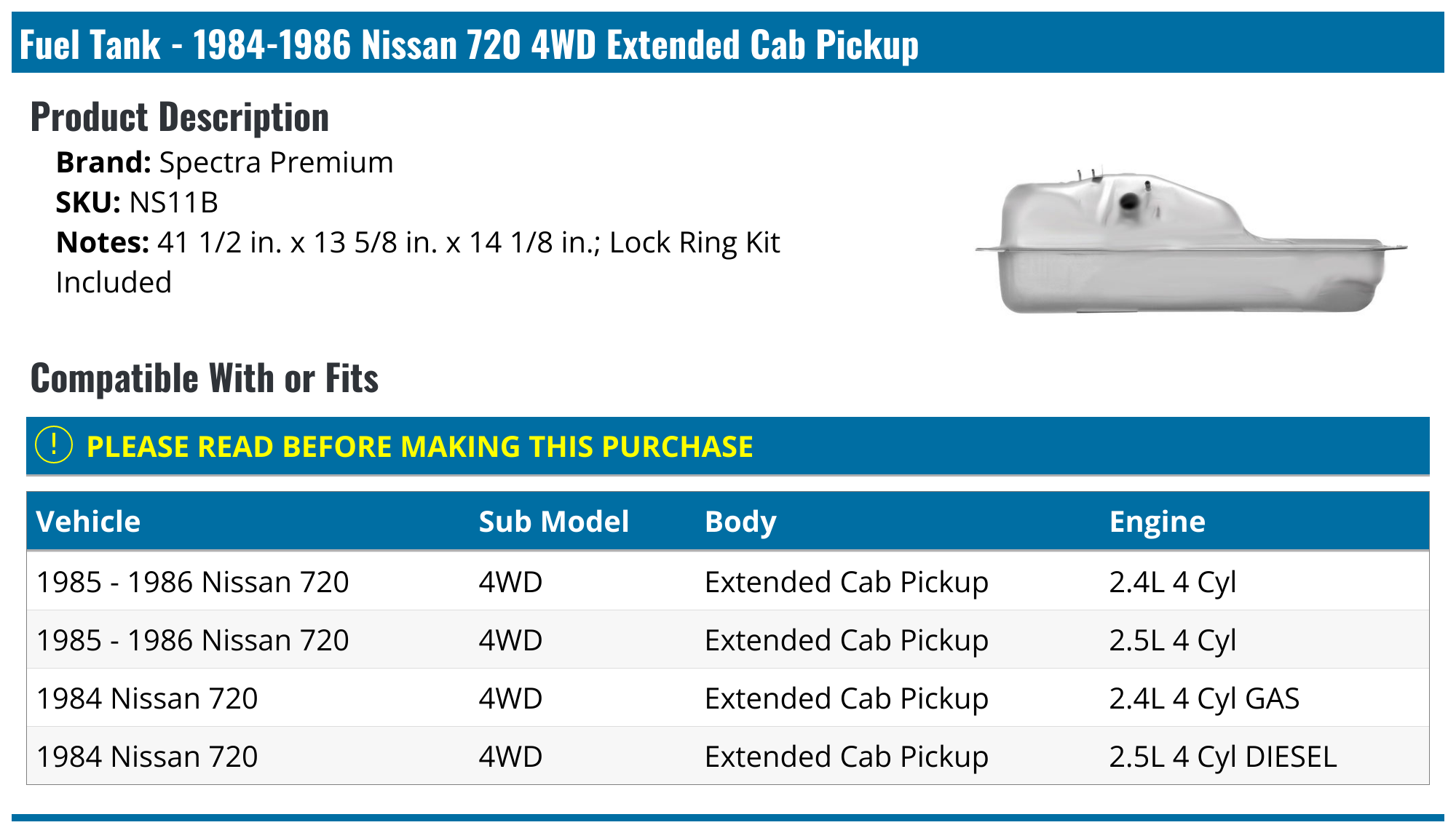 1984-1986 Nissan 720 Fuel Tank - Spectra Premium NS11B - PartsGeek.com