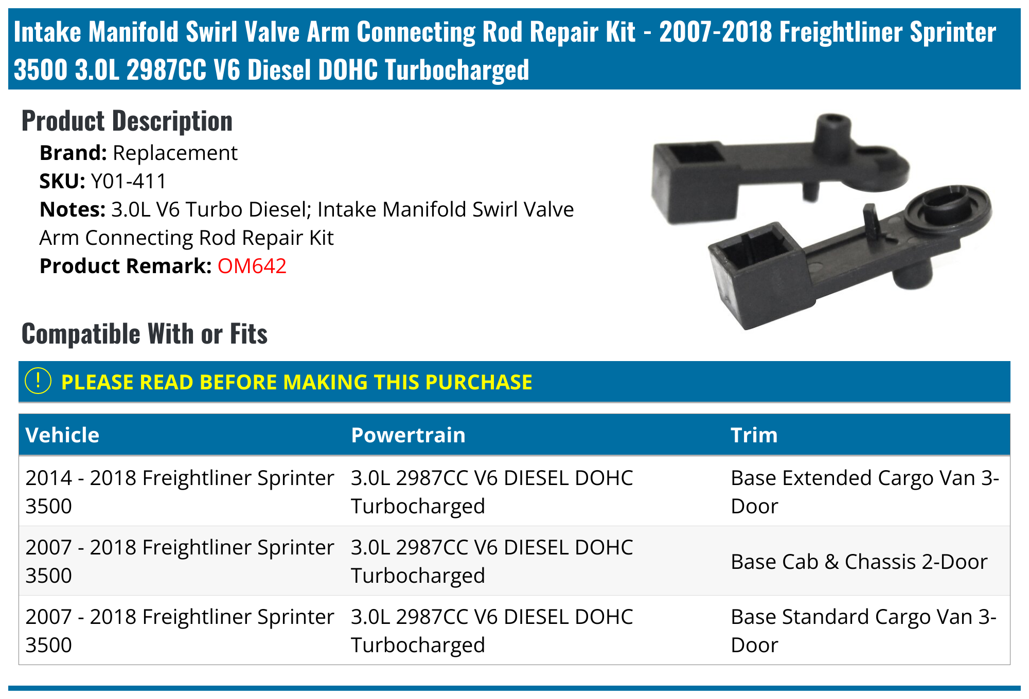 2007-2018 Freightliner Sprinter 3500 Intake Manifold Swirl Valve Arm ...