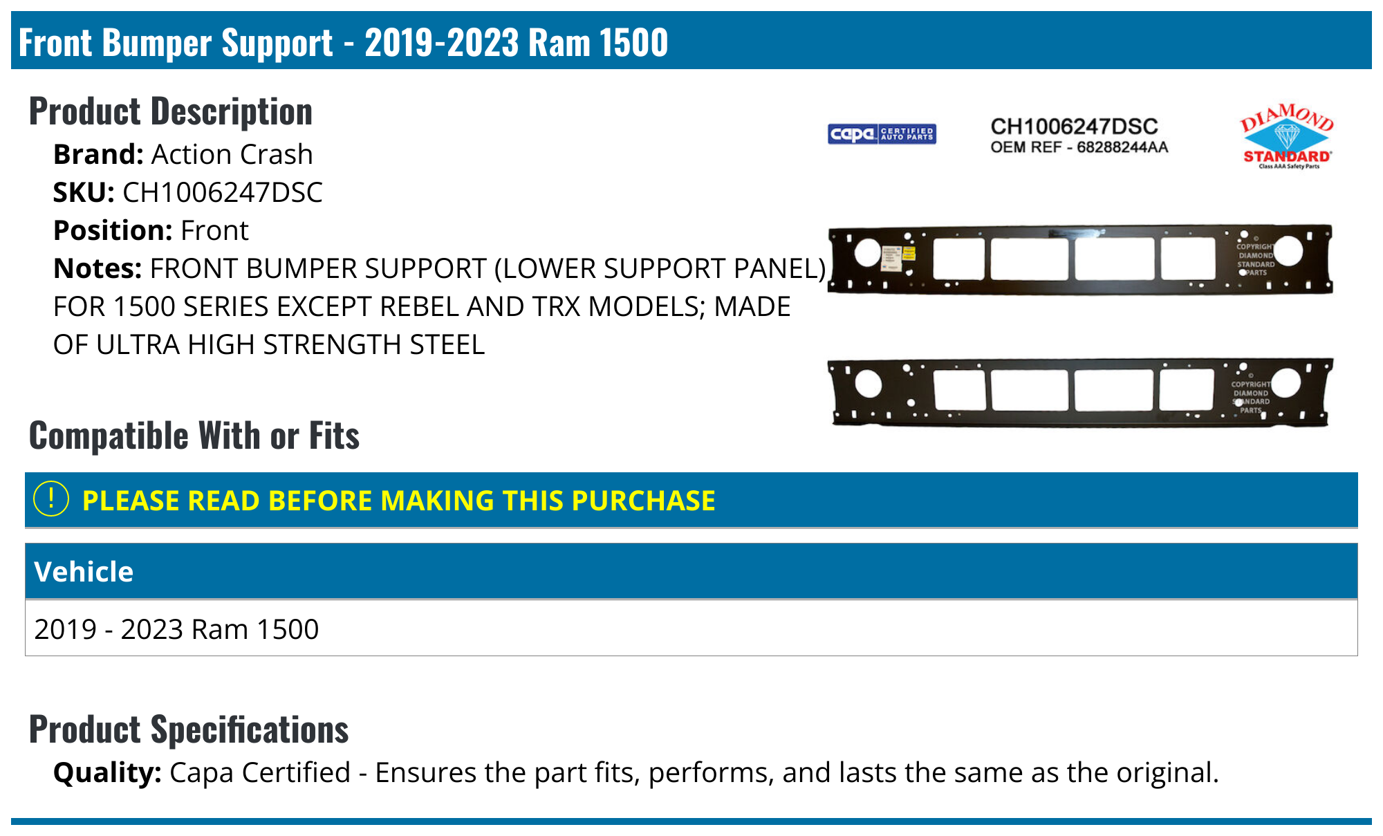 2019-2024 Ram 1500 Bumper Support - Action Crash CH1006247DSC - Front ...