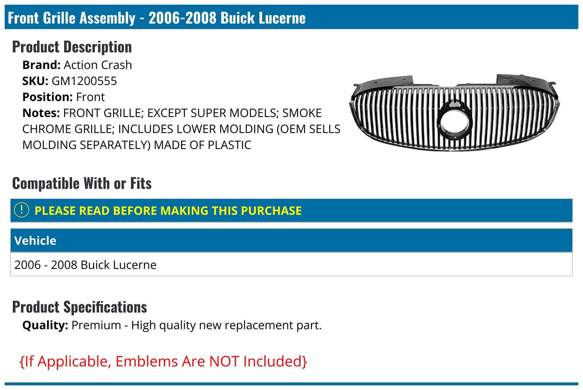 2006-2009 Buick Lucerne Grille Assembly - Action Crash GM1200555 ...