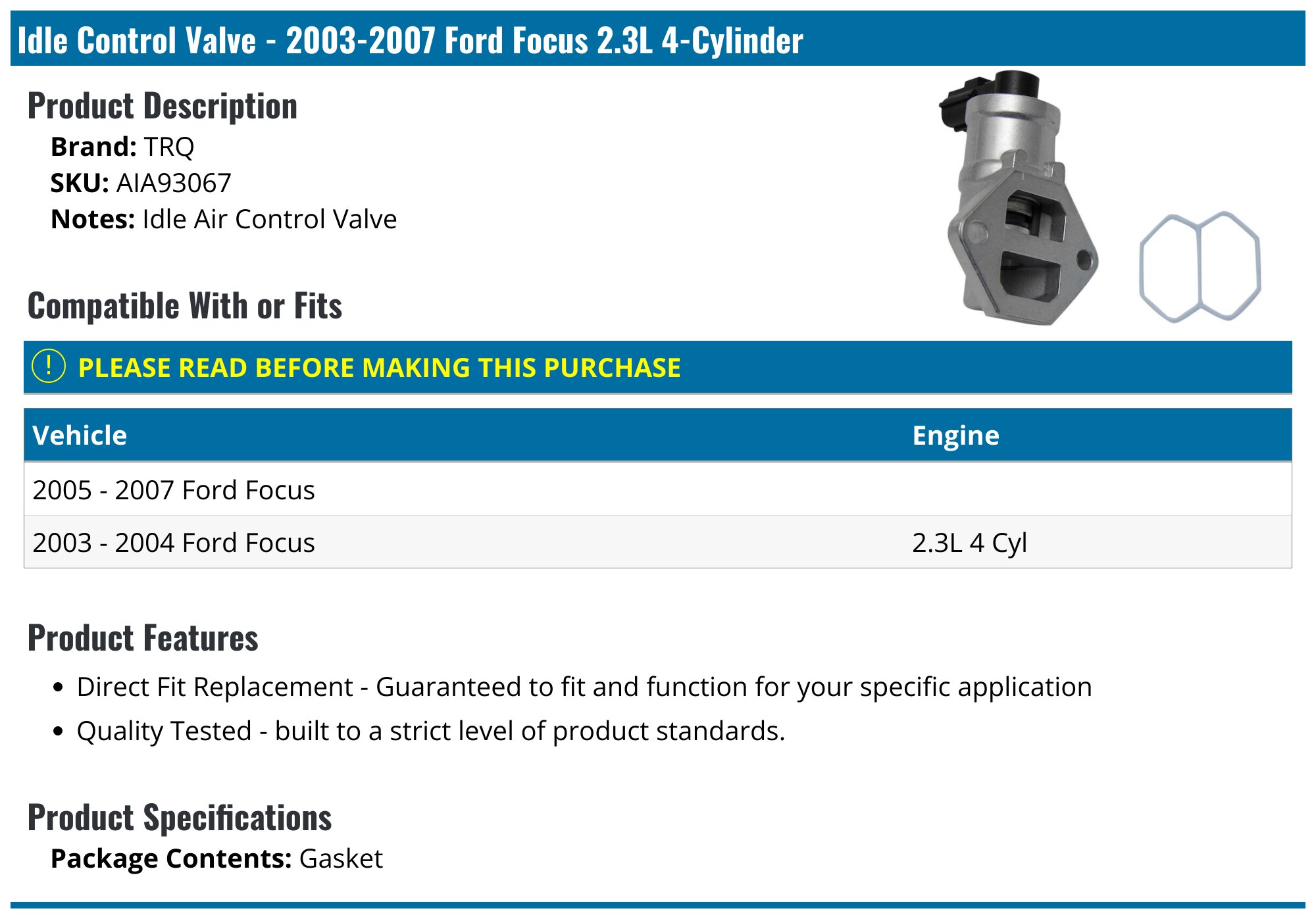 2003-2007 Ford Focus Idle Control Valve - TRQ AIA93067 - PartsGeek.com