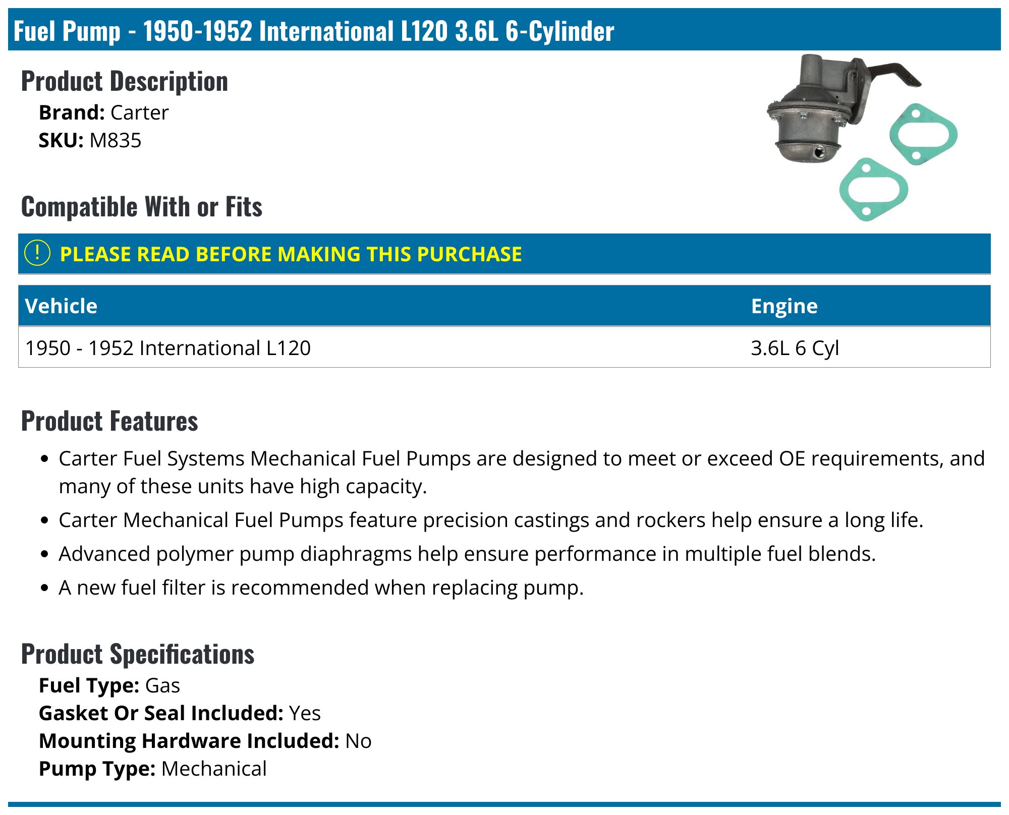 1950-1952 International L120 Fuel Pump - Carter M835 - PartsGeek.com