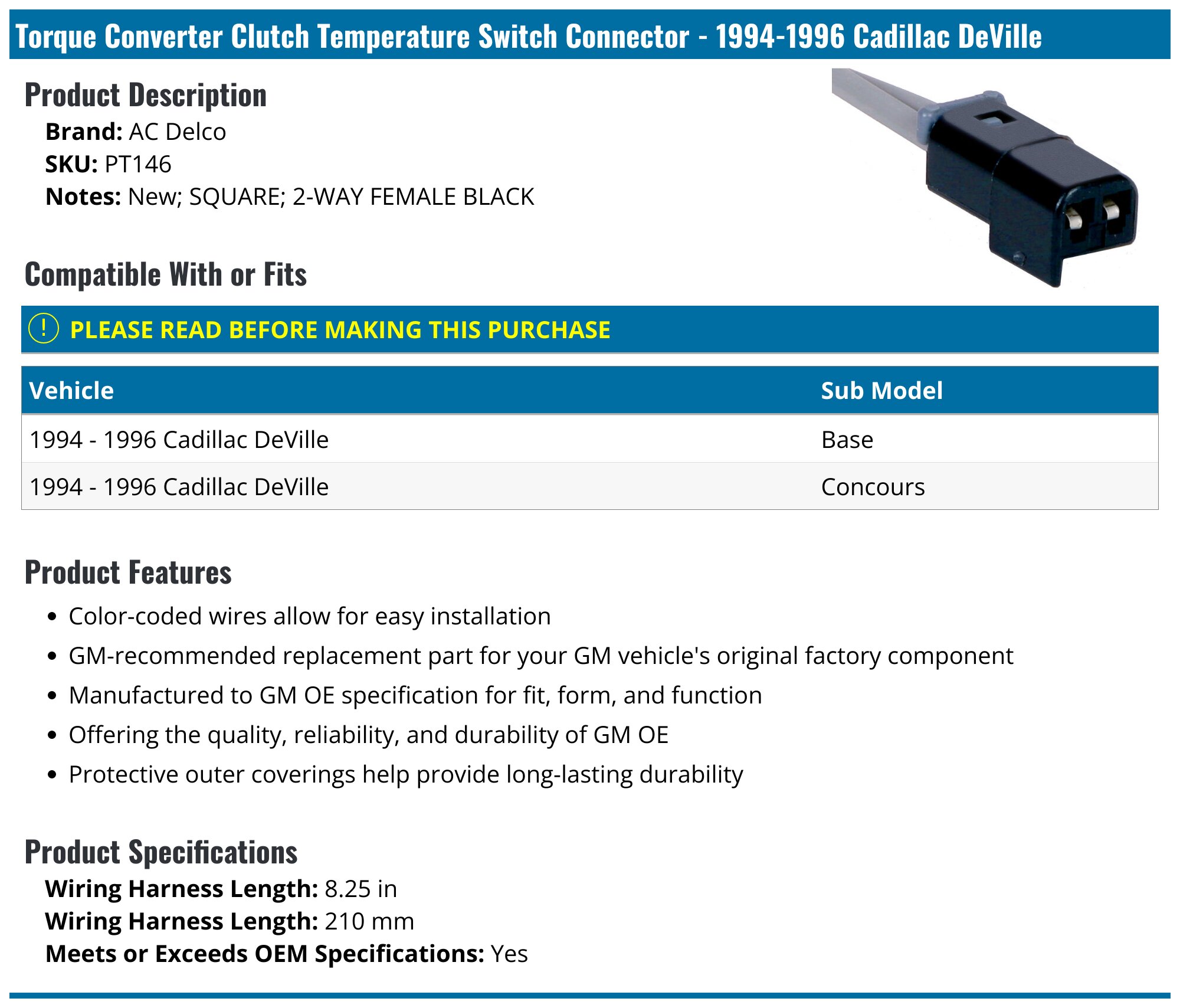 1994-1996 Cadillac DeVille Torque Converter Clutch Temperature Switch ...