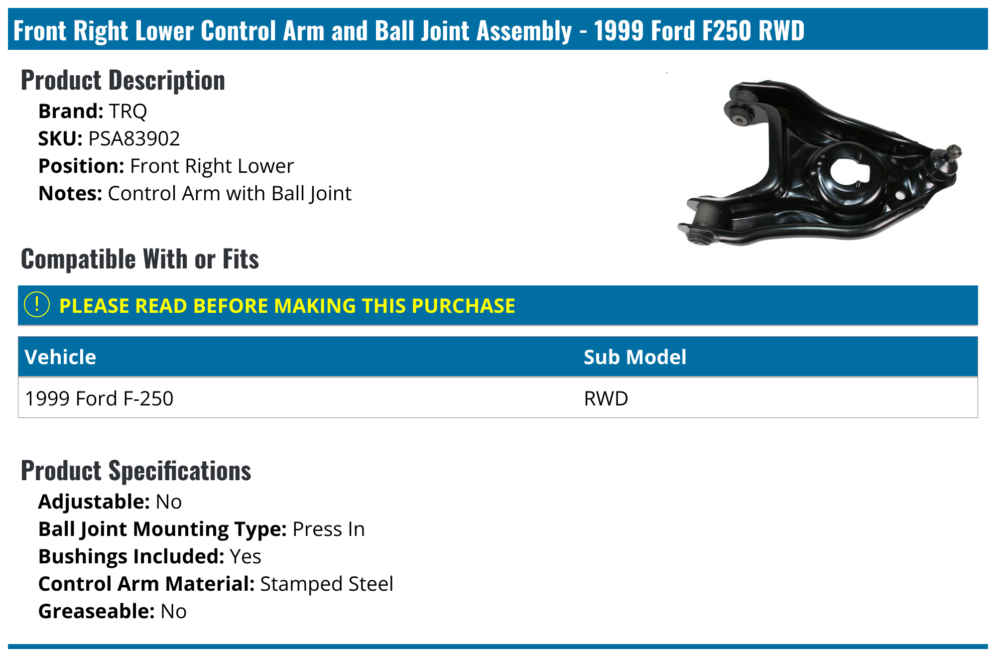 1999 Ford F250 Control Arm - TRQ PSA83902 - Front Right Lower ...