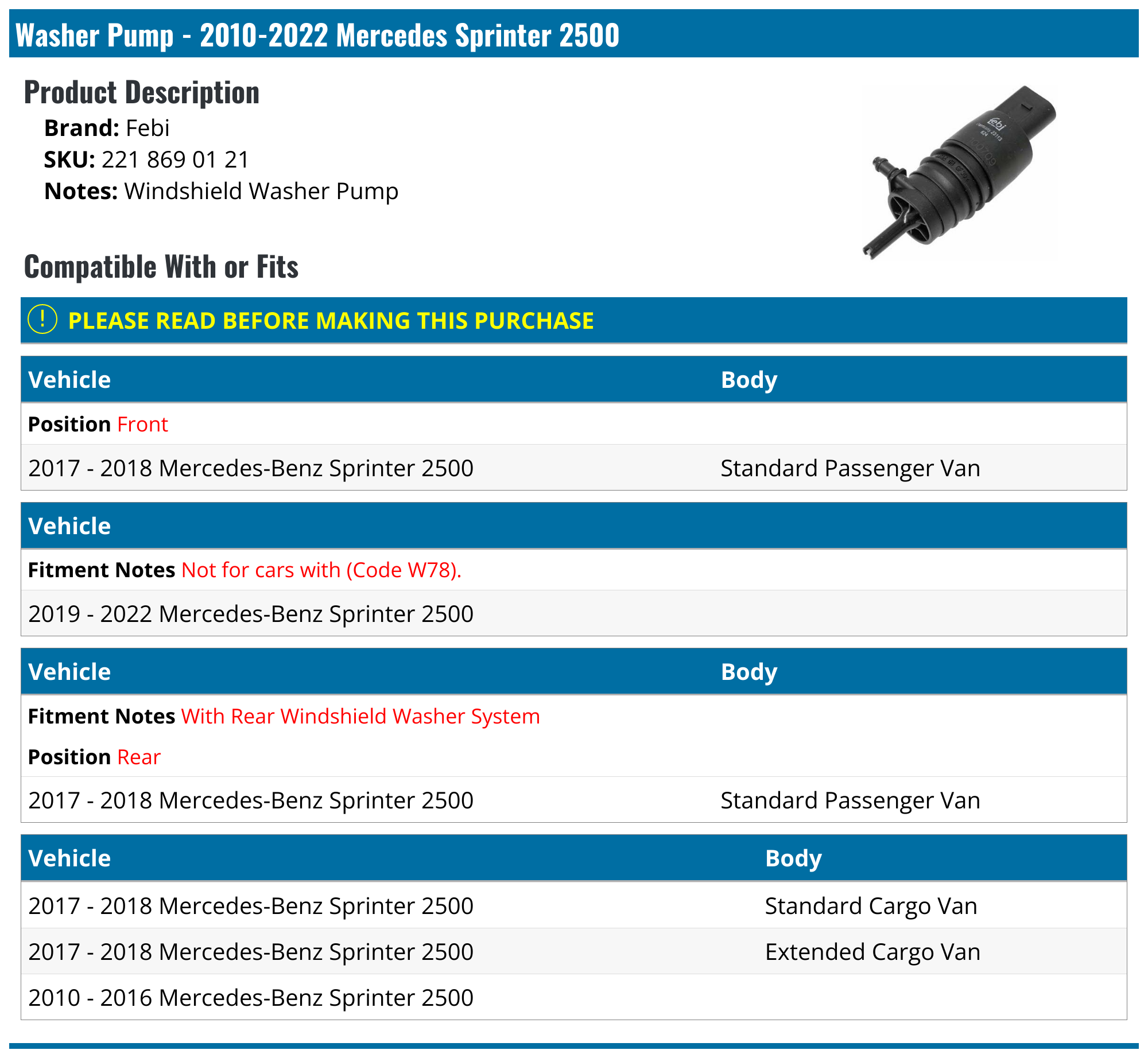 2010-2025 Mercedes Sprinter 2500 Washer Pump - Febi 221 869 01 21 ...