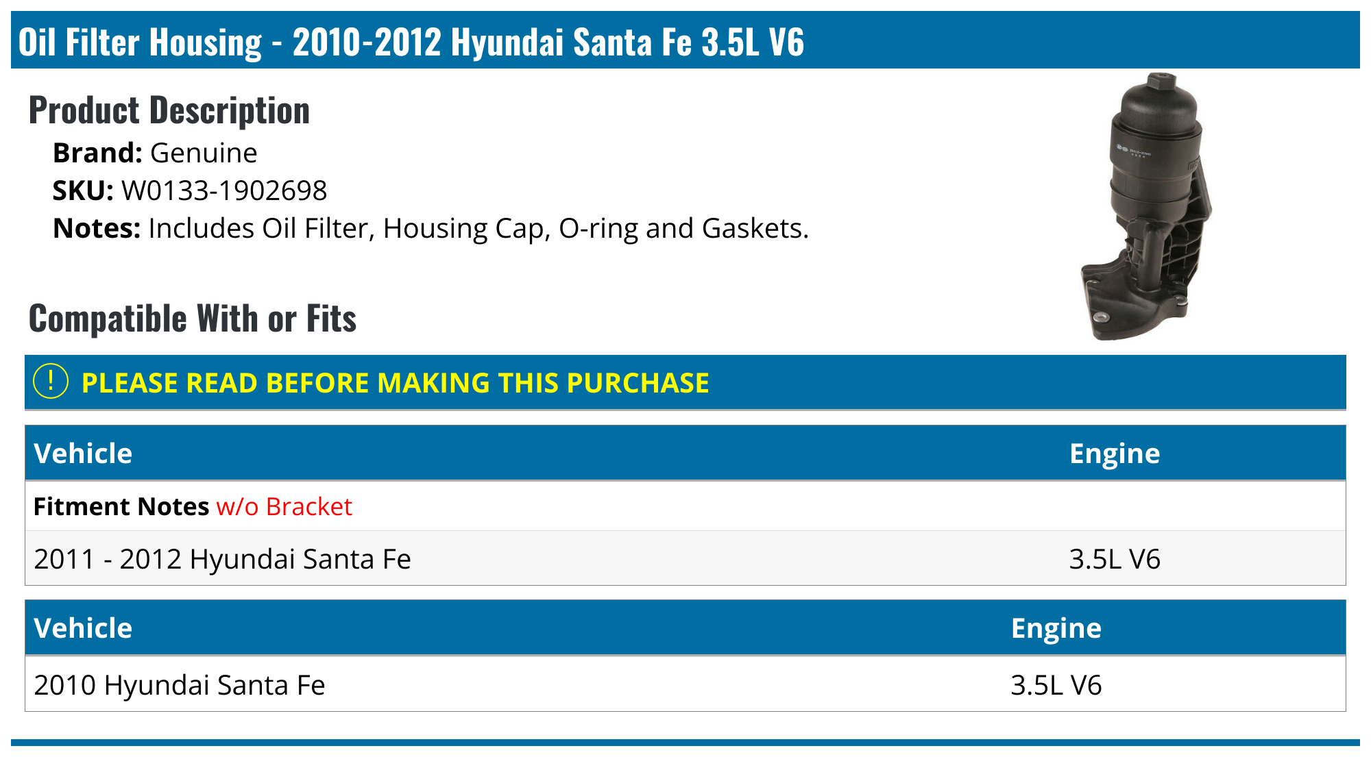 2010-2012 Hyundai Santa Fe Oil Filter Housing - Genuine W0133-1902698 ...