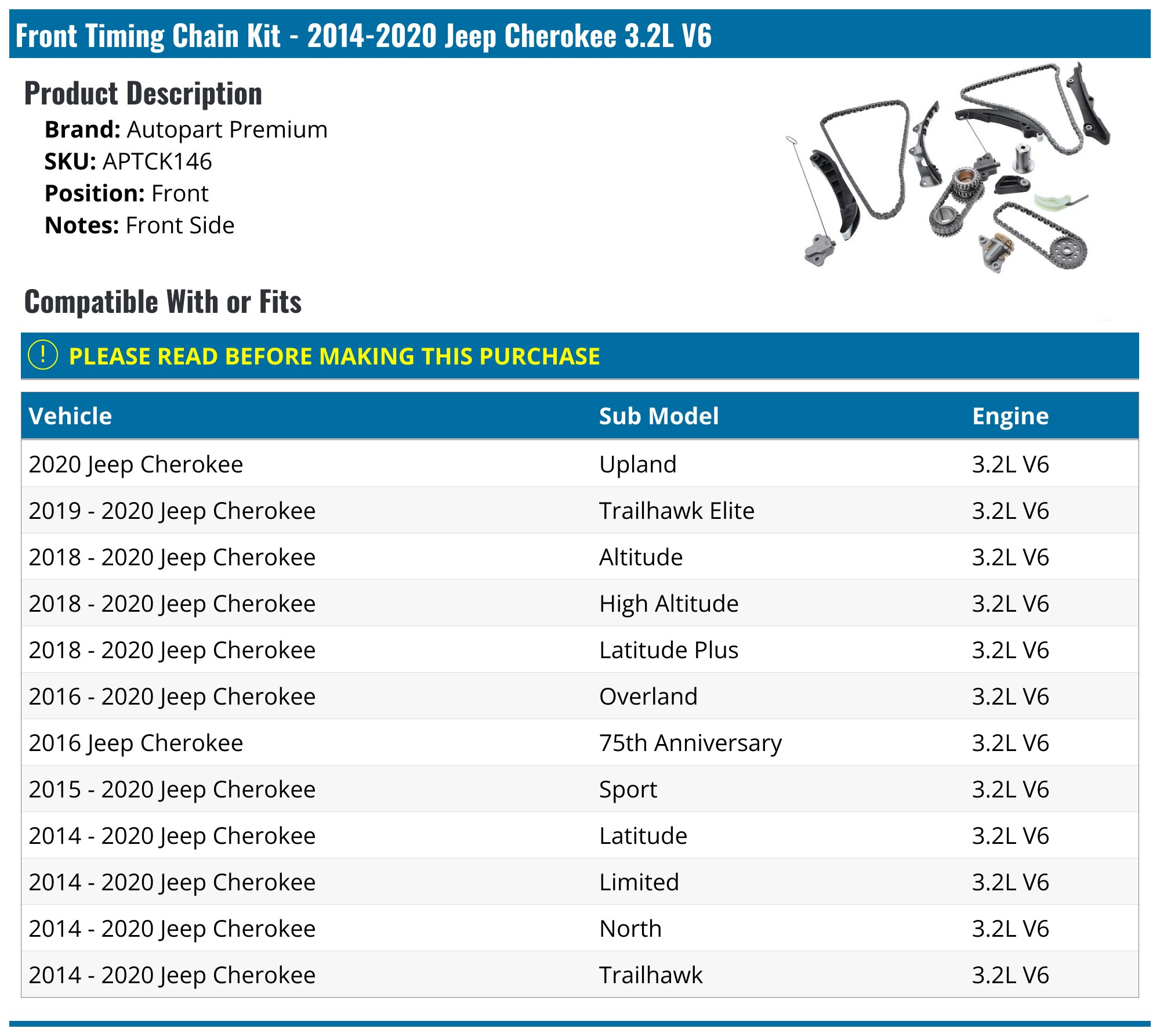 2014-2020 Jeep Cherokee Timing Chain - Autopart Premium APTCK146 ...