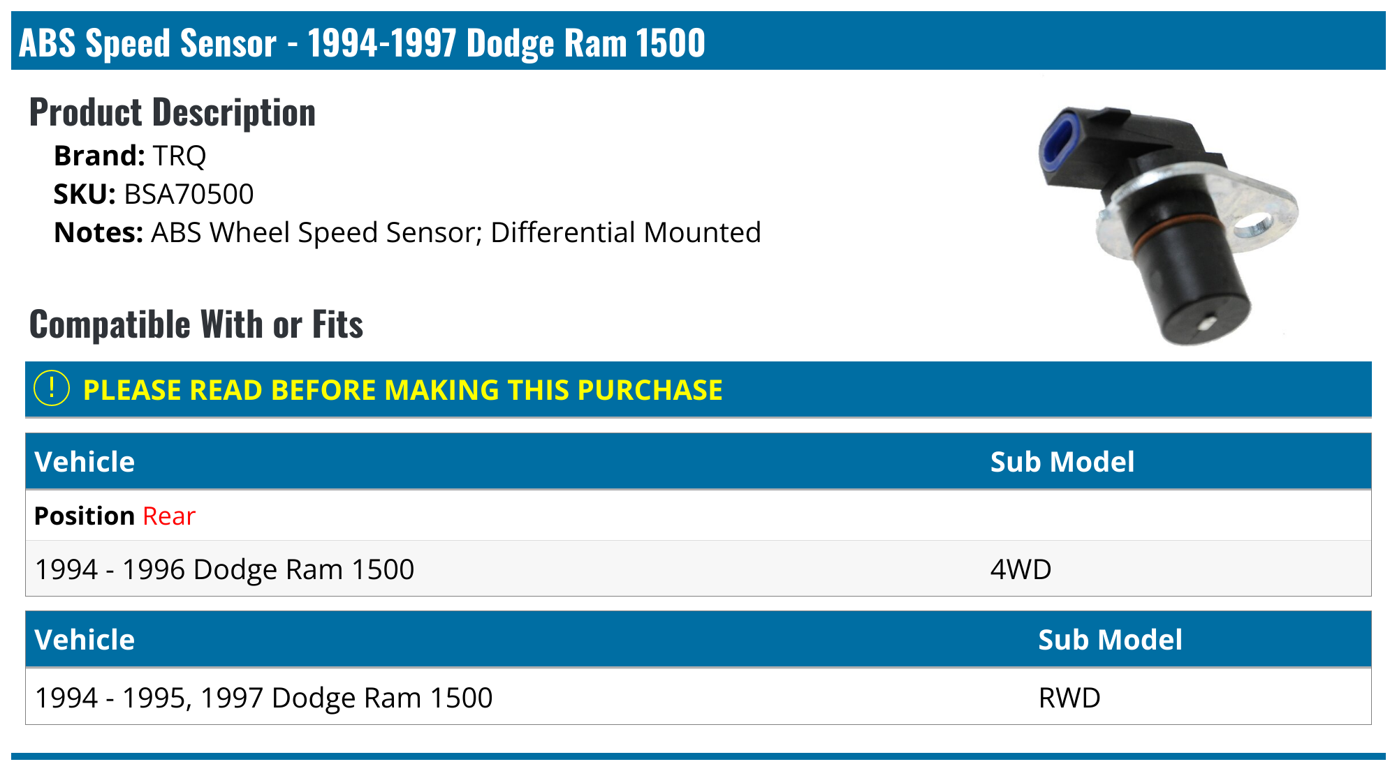 1994-1997 Dodge Ram 1500 ABS Speed Sensor - TRQ BSA70500 - PartsGeek.com