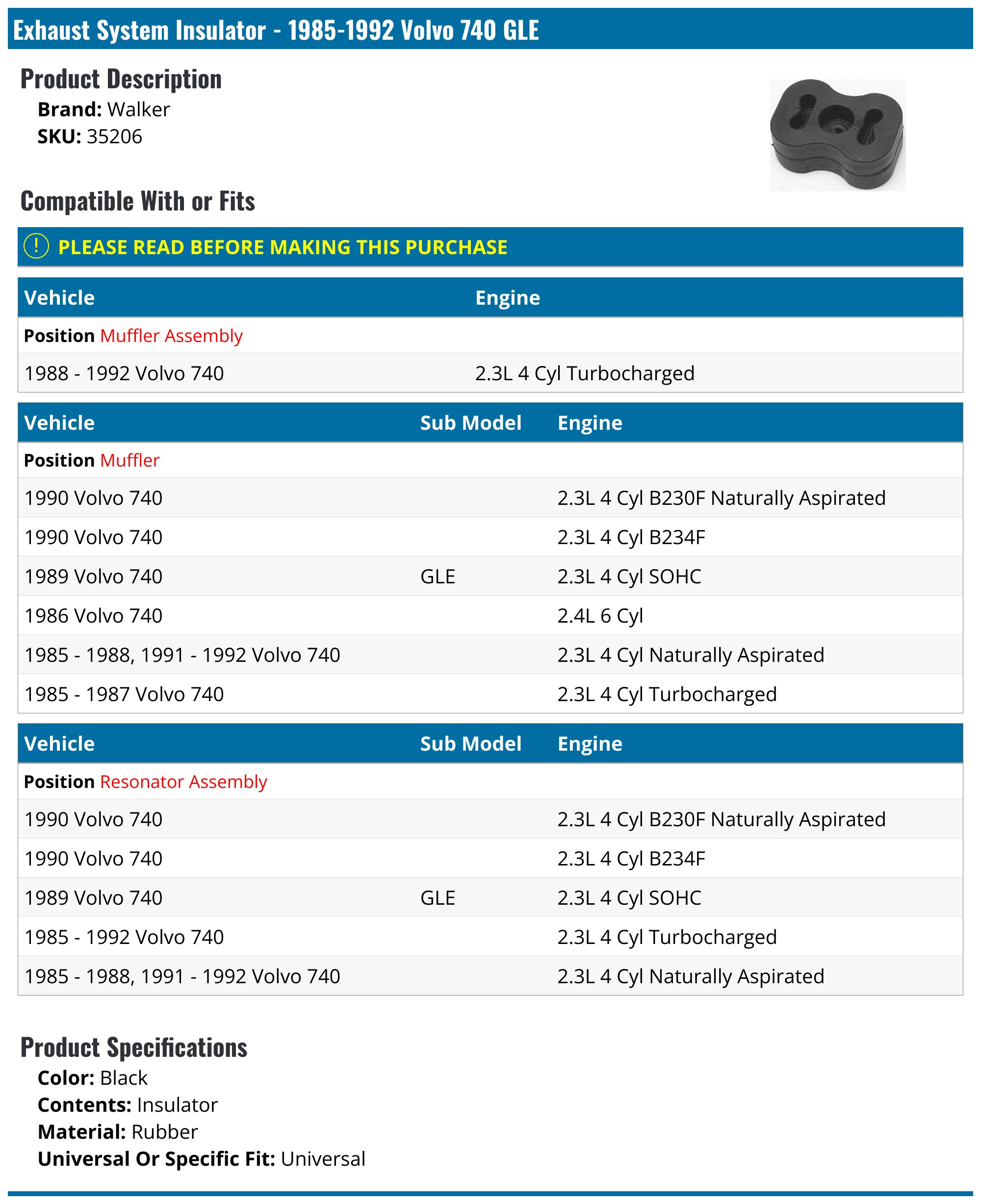 1985-1992 Volvo 740 Exhaust System Insulator - Walker 35206 - Resonator ...