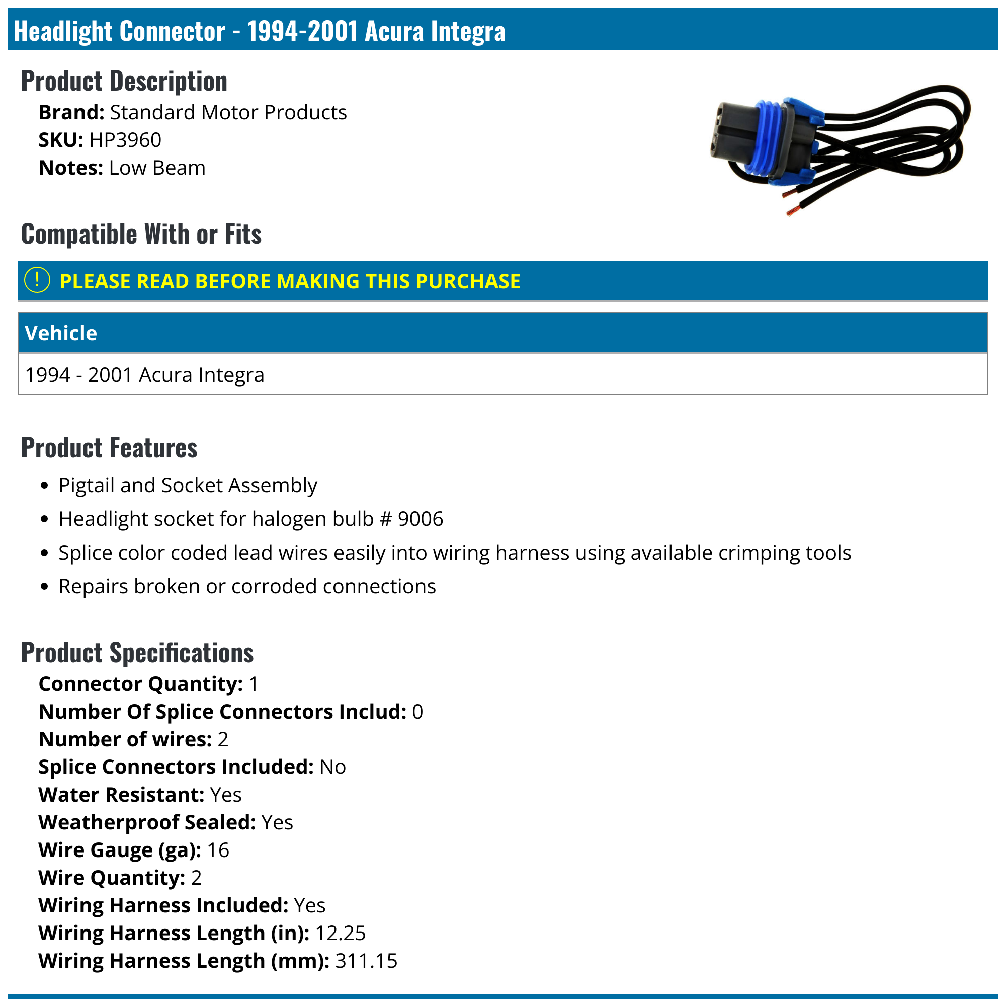 1994-2001 Acura Integra Headlight Connector - Standard Motor Products ...