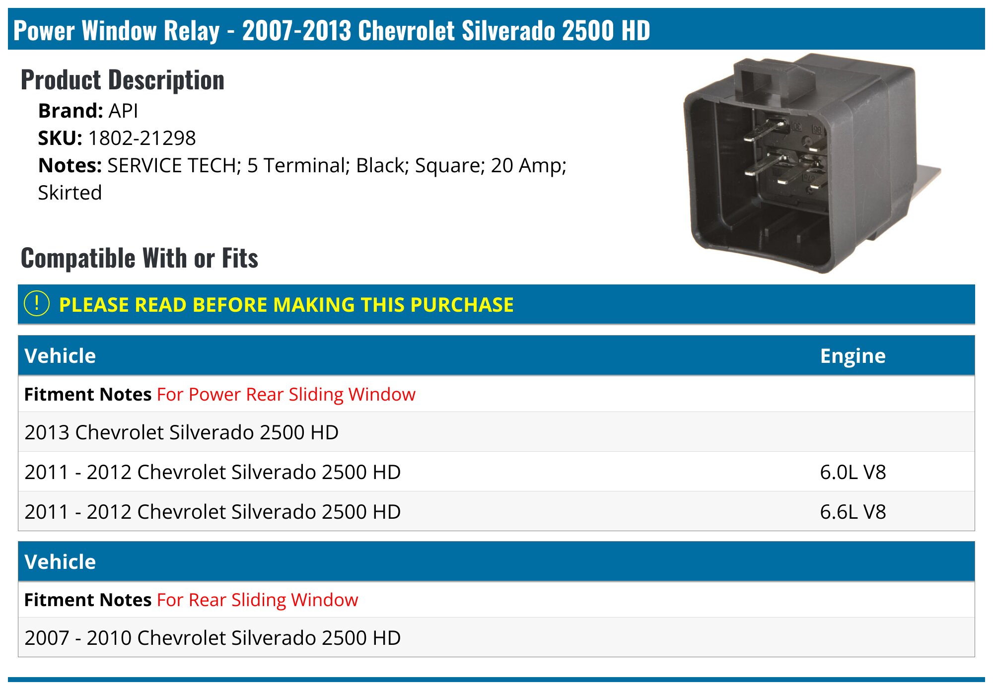 2007-2013 Chevrolet Silverado 2500 HD Power Window Relay - API 19010 ...