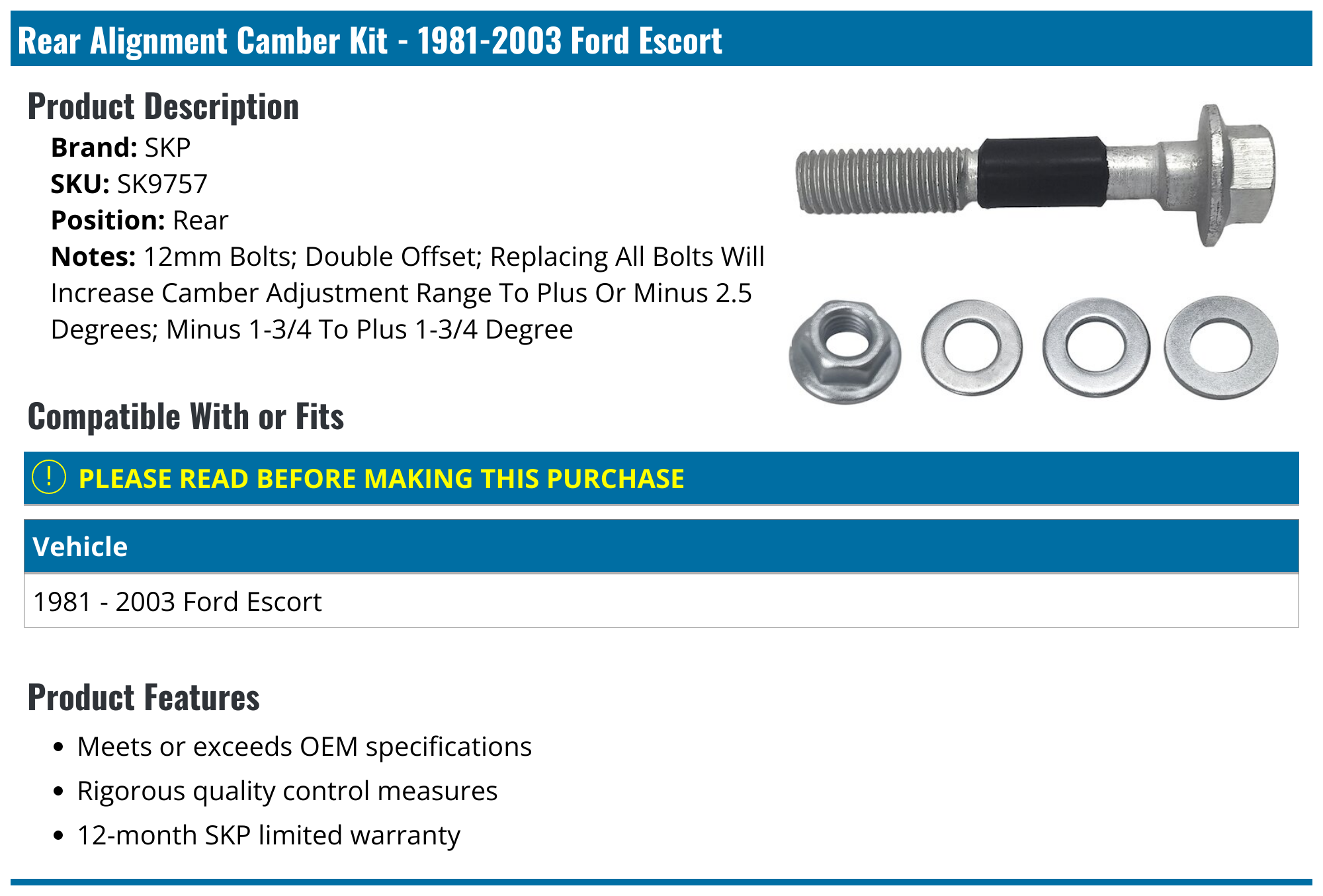 1981-2003 Ford Escort Alignment Camber Kit - SKP SK9757 - Rear ...