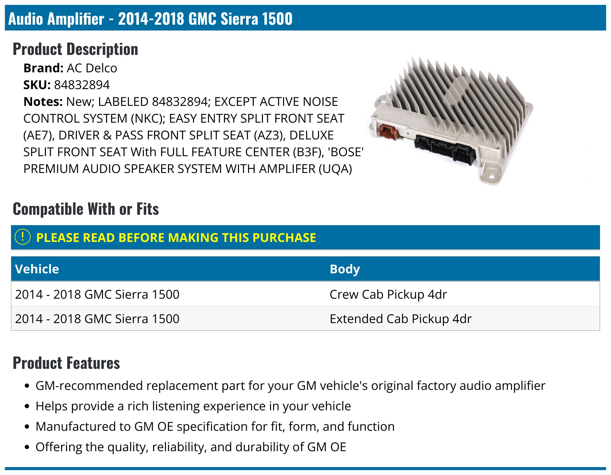 2014-2018 GMC Sierra 1500 Audio Amplifier - AC Delco 84832894 ...