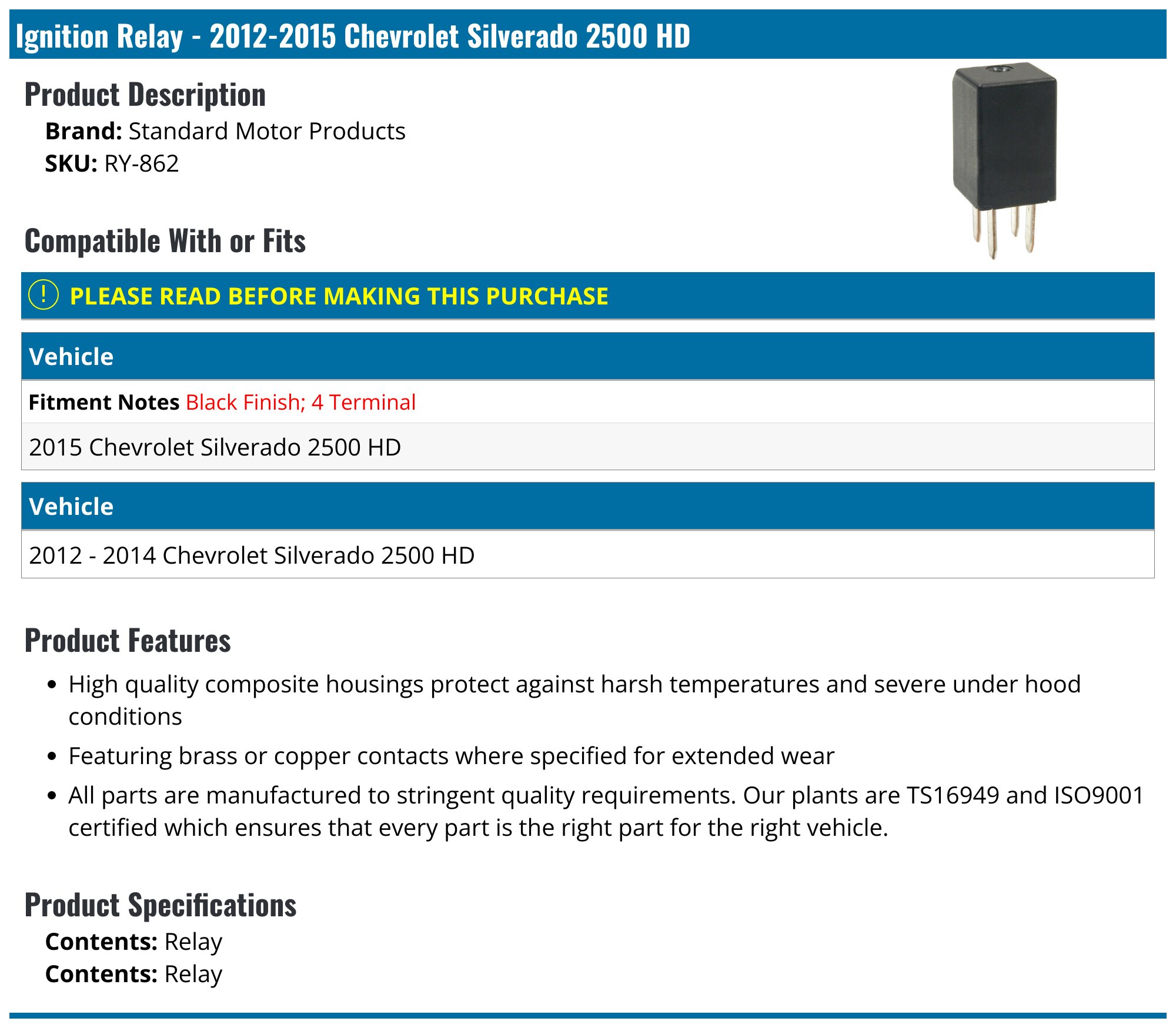 2007-2015, 2020-2024 Chevrolet Silverado 2500 HD Ignition Relay ...