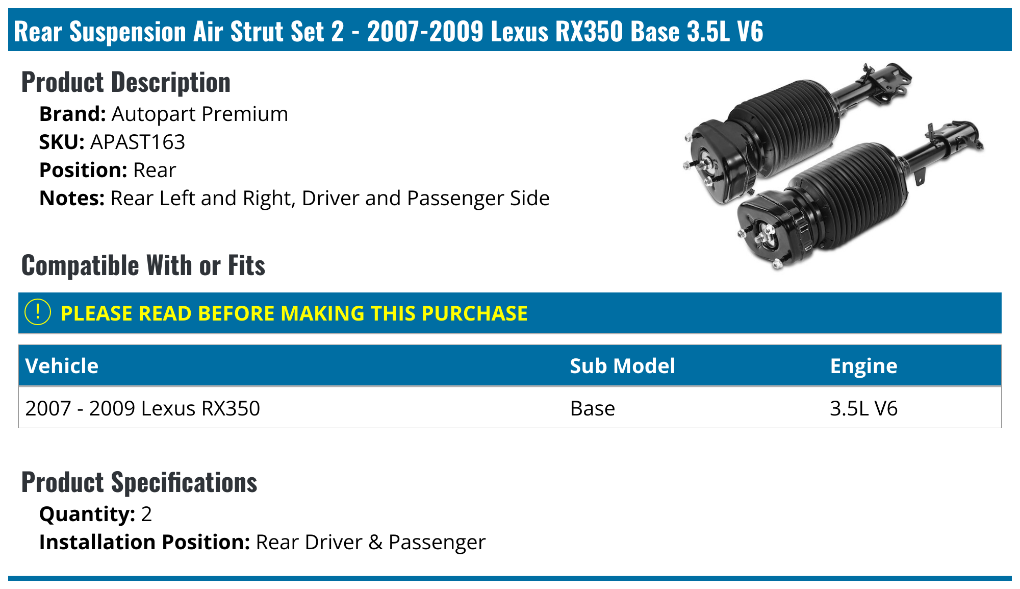 2007-2009 Lexus RX350 Suspension Air Strut - Autopart Premium APAST163 ...