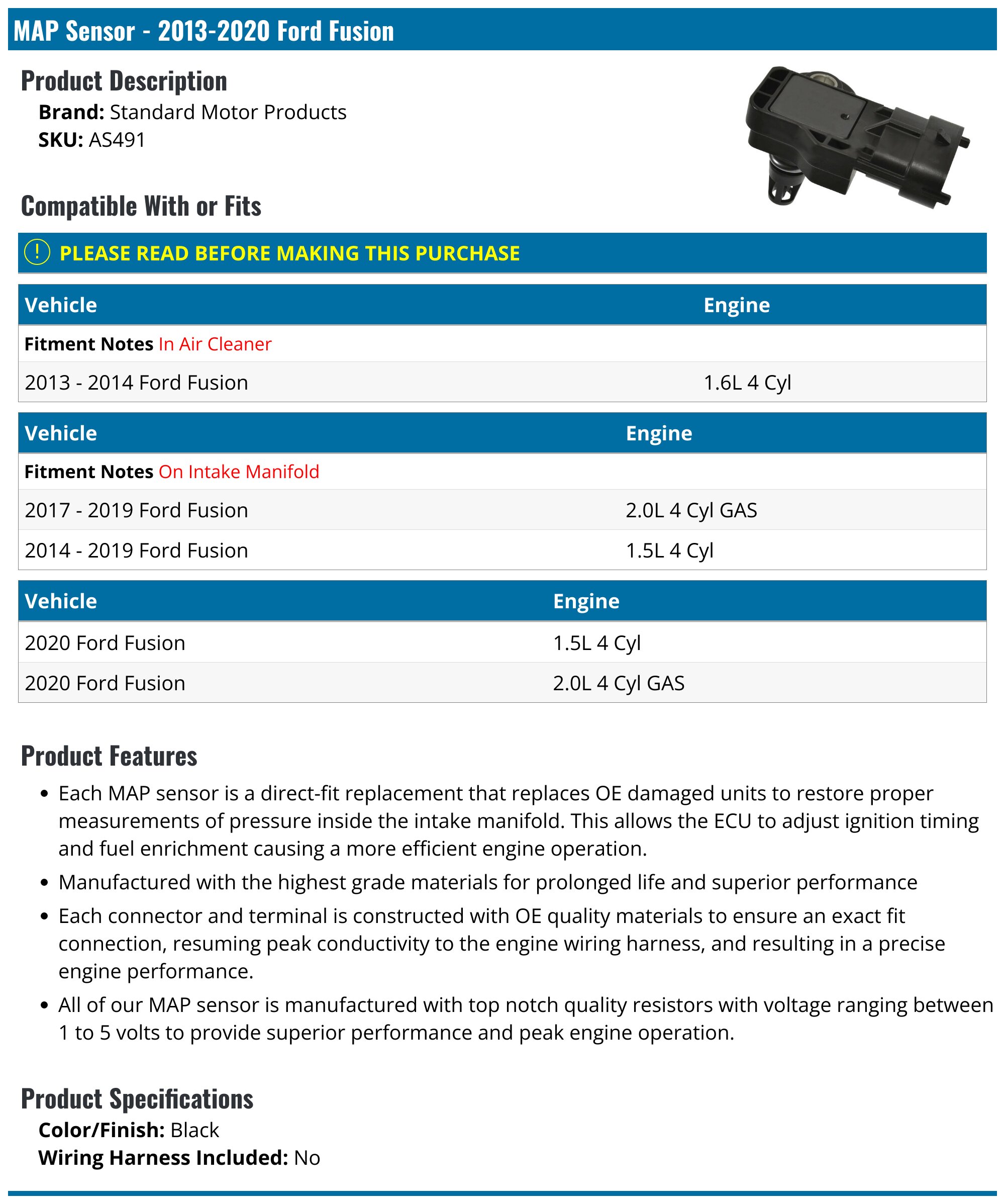 2013-2020 Ford Fusion MAP Sensor - Standard Motor Products AS491 ...