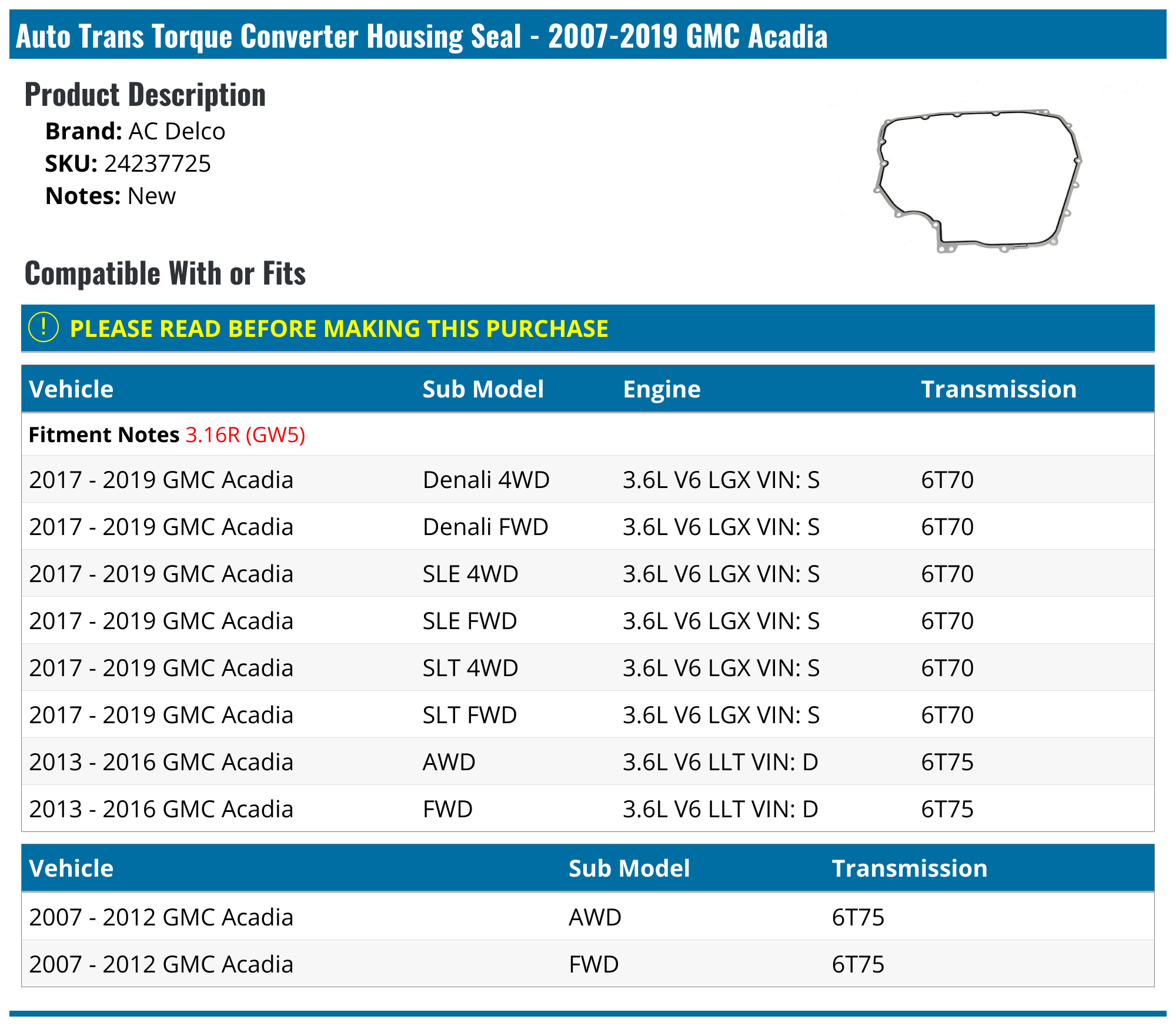 2007-2019 GMC Acadia Auto Trans Torque Converter Housing Seal - AC ...