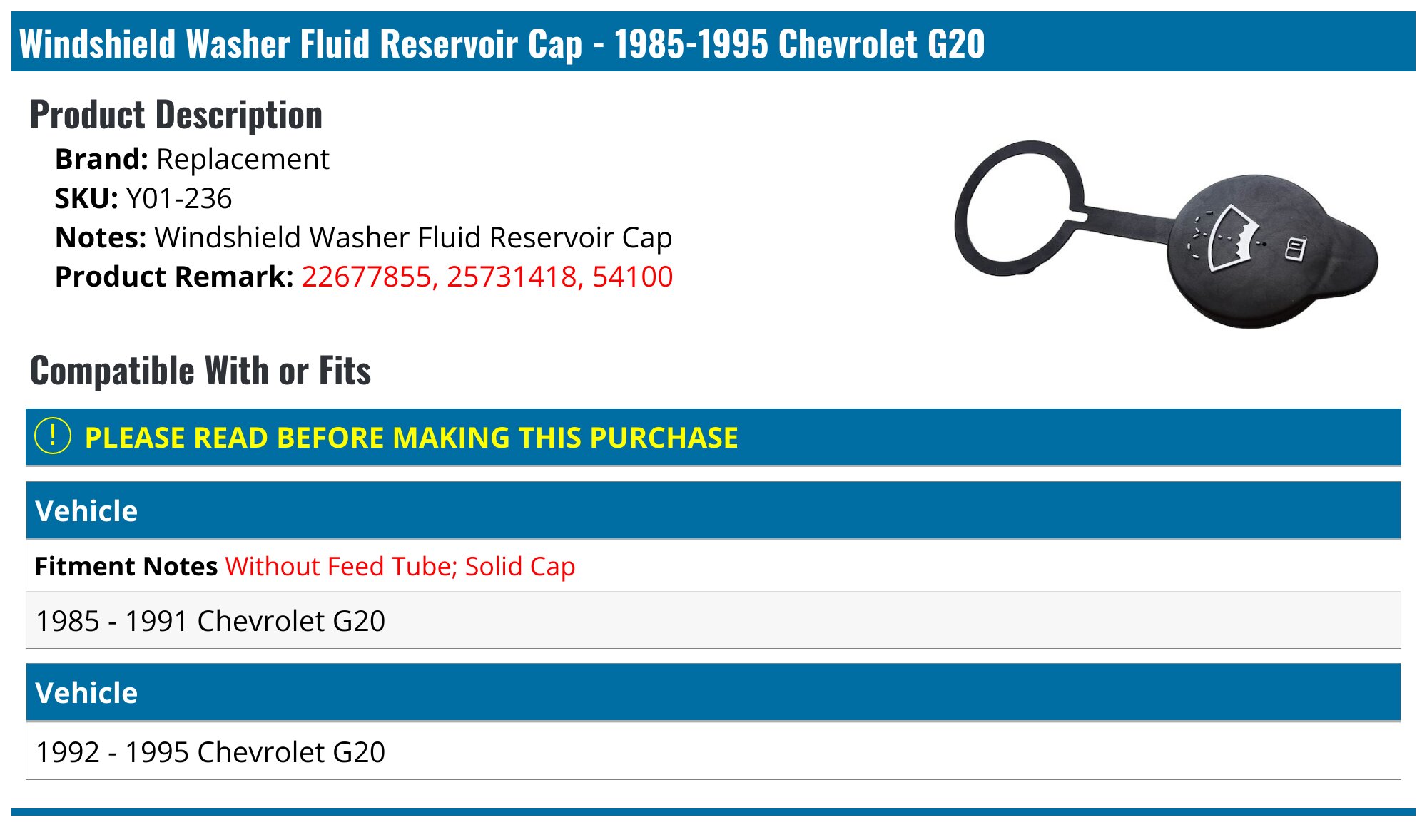1985-1995 Chevrolet G20 Windshield Washer Fluid Reservoir Cap ...