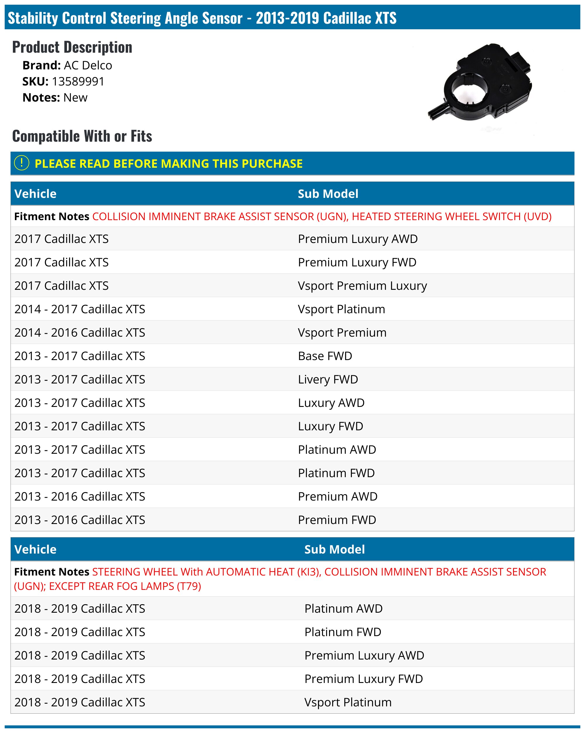 2013-2019 Cadillac XTS Air Bag Clockspring - AC Delco 13589991 ...