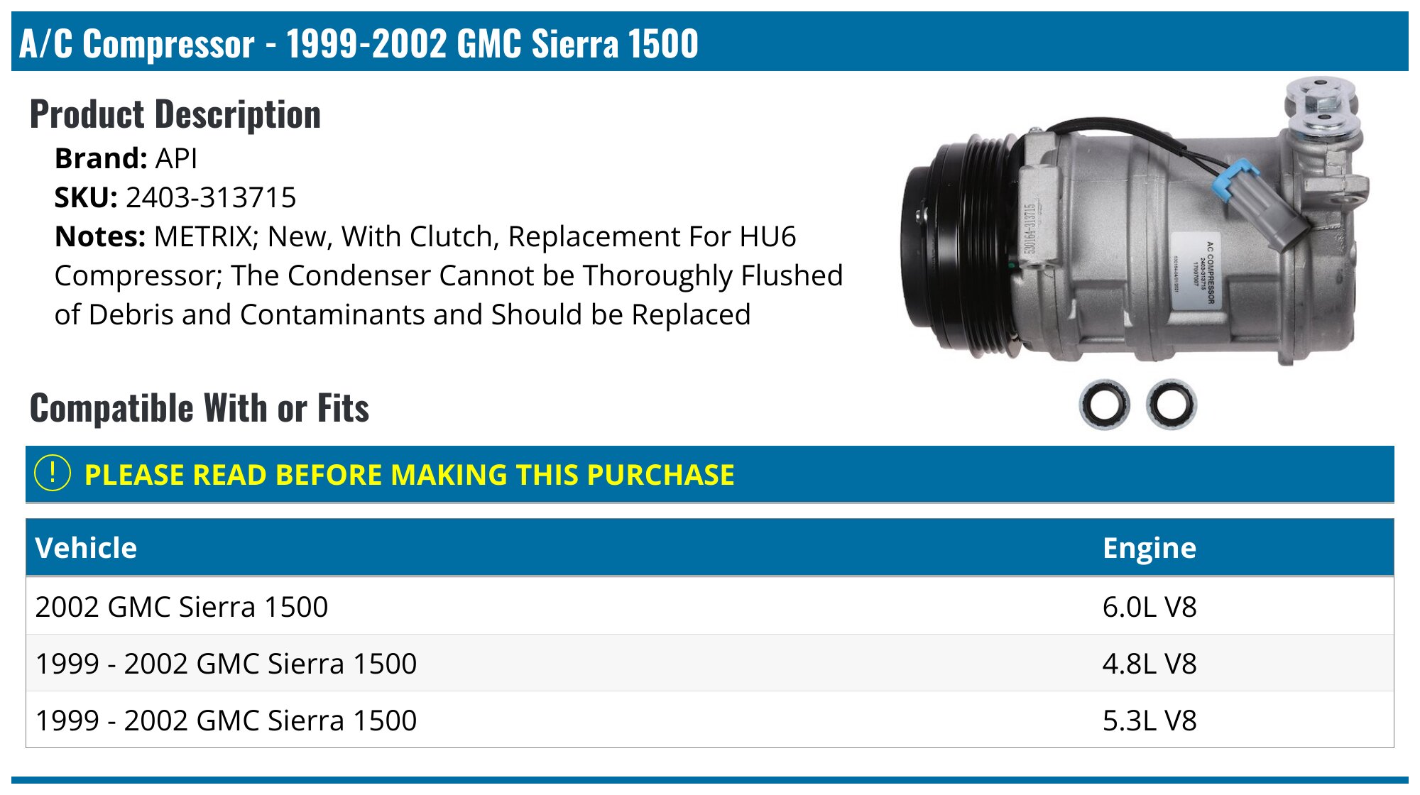 1999-2002 GMC Sierra 1500 A/C Compressor - API 4254-02248338 ...