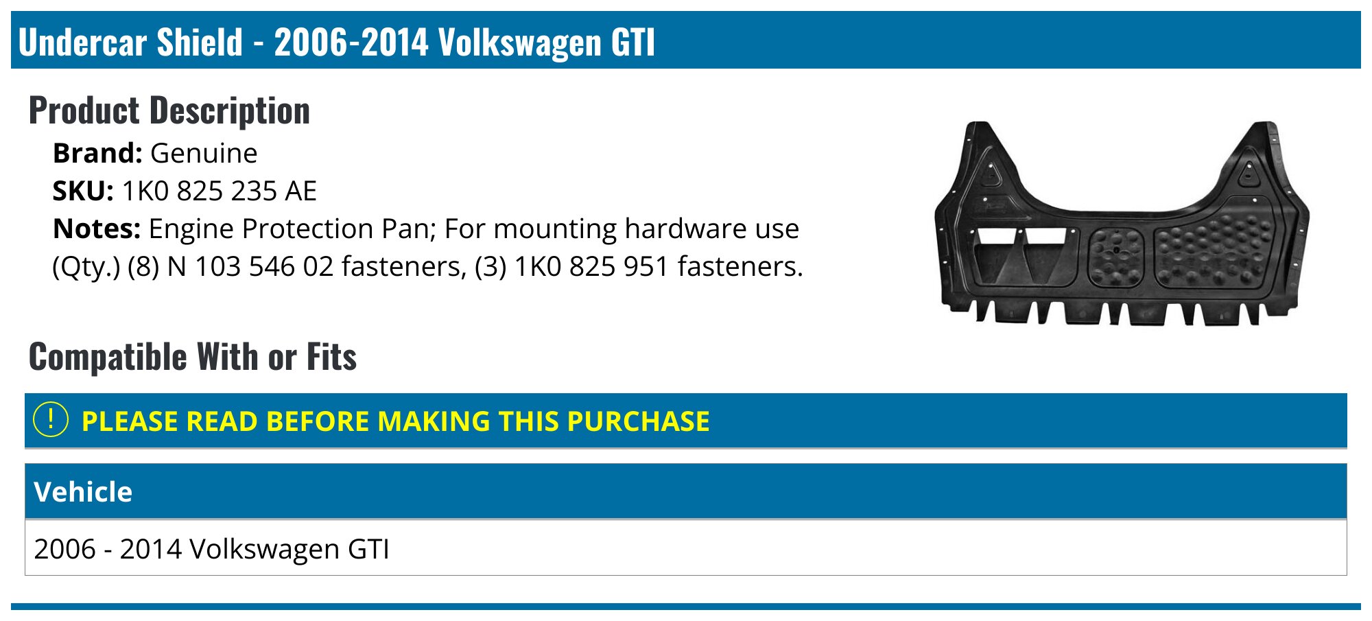 2006-2014 Volkswagen GTI Lower Engine Cover - Genuine 1K0 825 235 AE ...