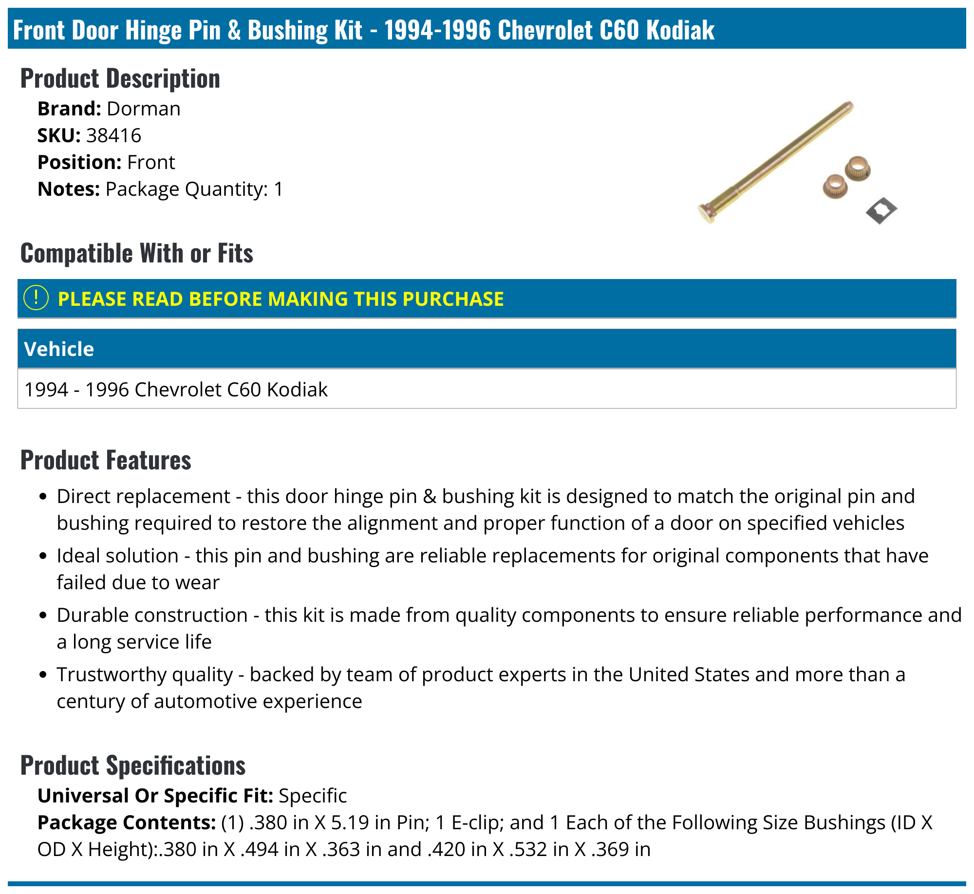 1994-1996 Chevrolet C60 Kodiak Door Hinge - Dorman 38416 - Front ...