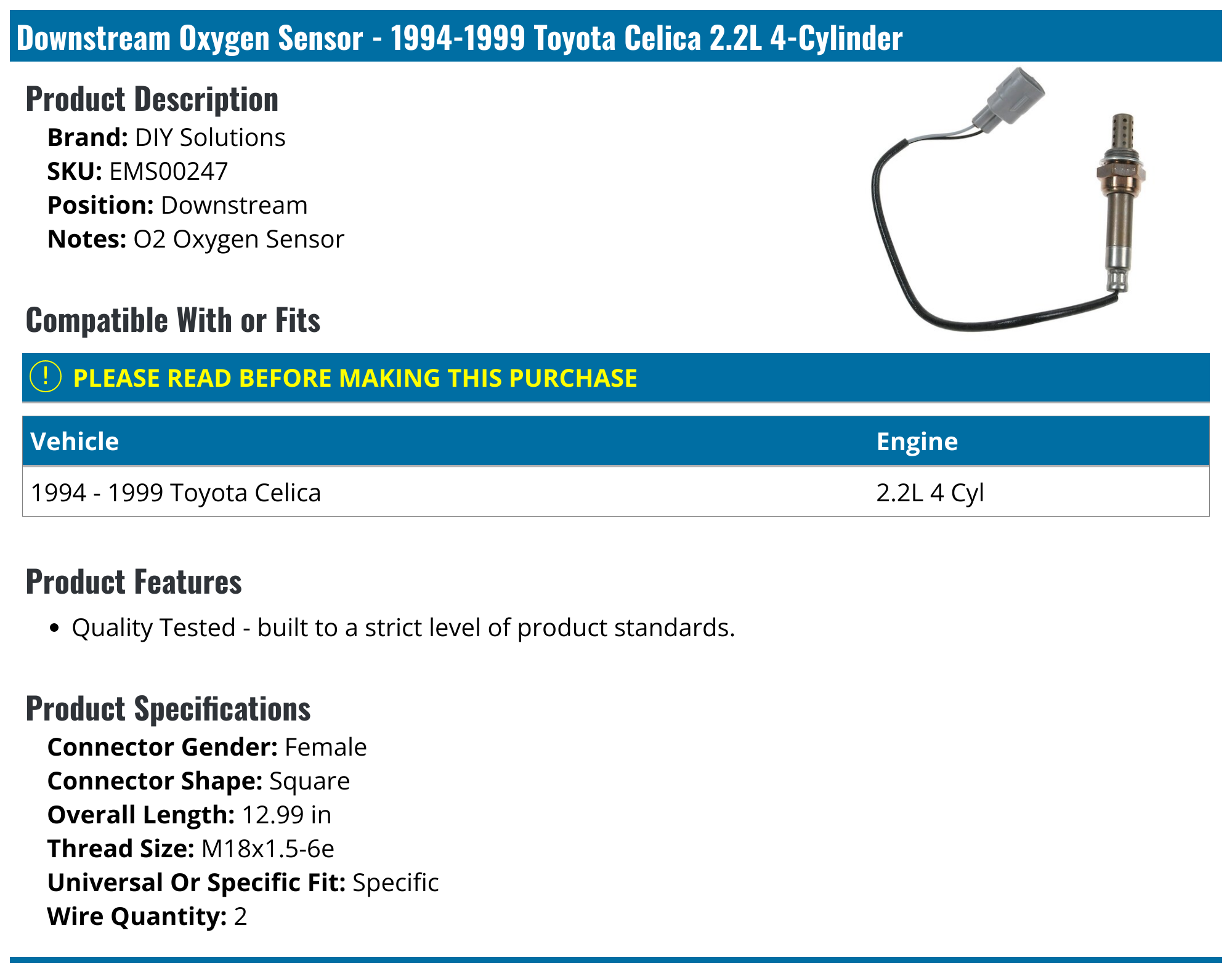 1994-1999 Toyota Celica Oxygen Sensor - DIY Solutions EMS00247 ...