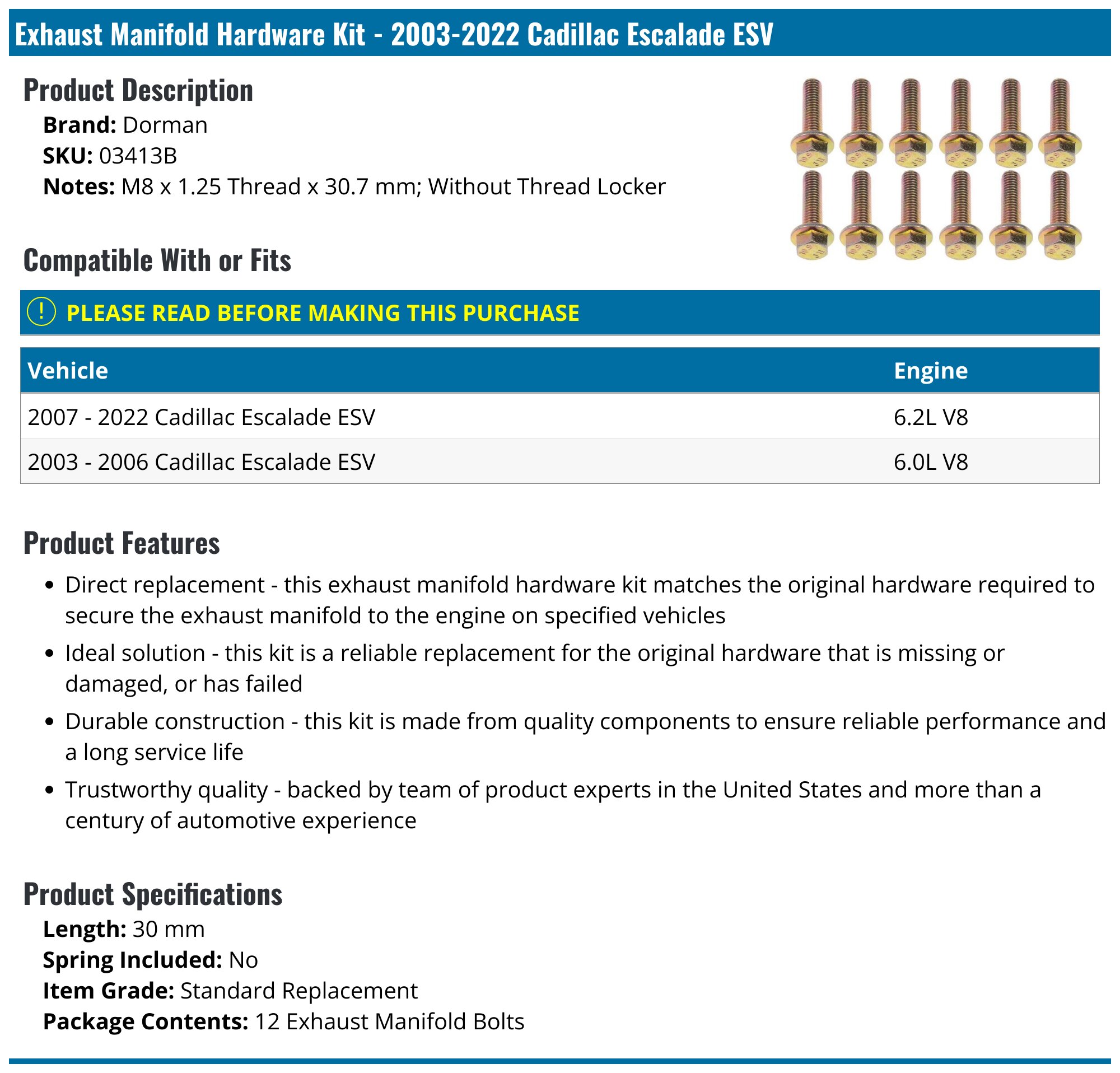 2003-2022 Cadillac Escalade ESV Exhaust Manifold - Dorman 03413B ...