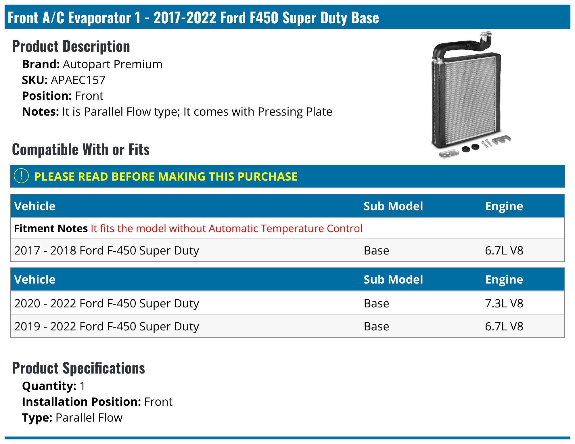 2017-2022 Ford F450 Super Duty A/C Evaporator - Autopart Premium ...