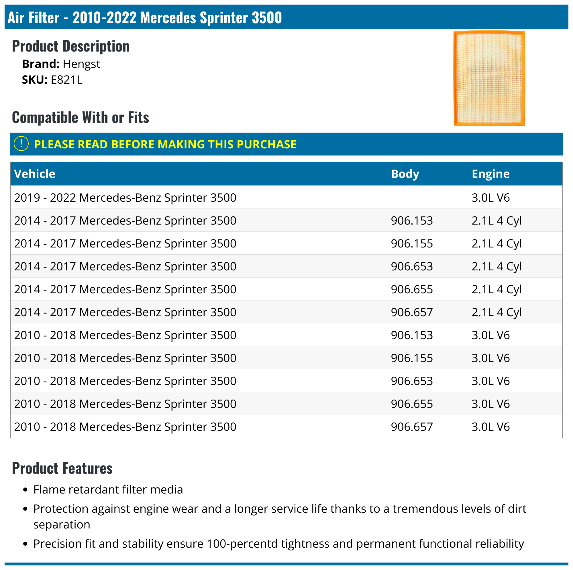 2010-2022 Mercedes Sprinter 3500 Air Filter - Hengst E821L - PartsGeek.com