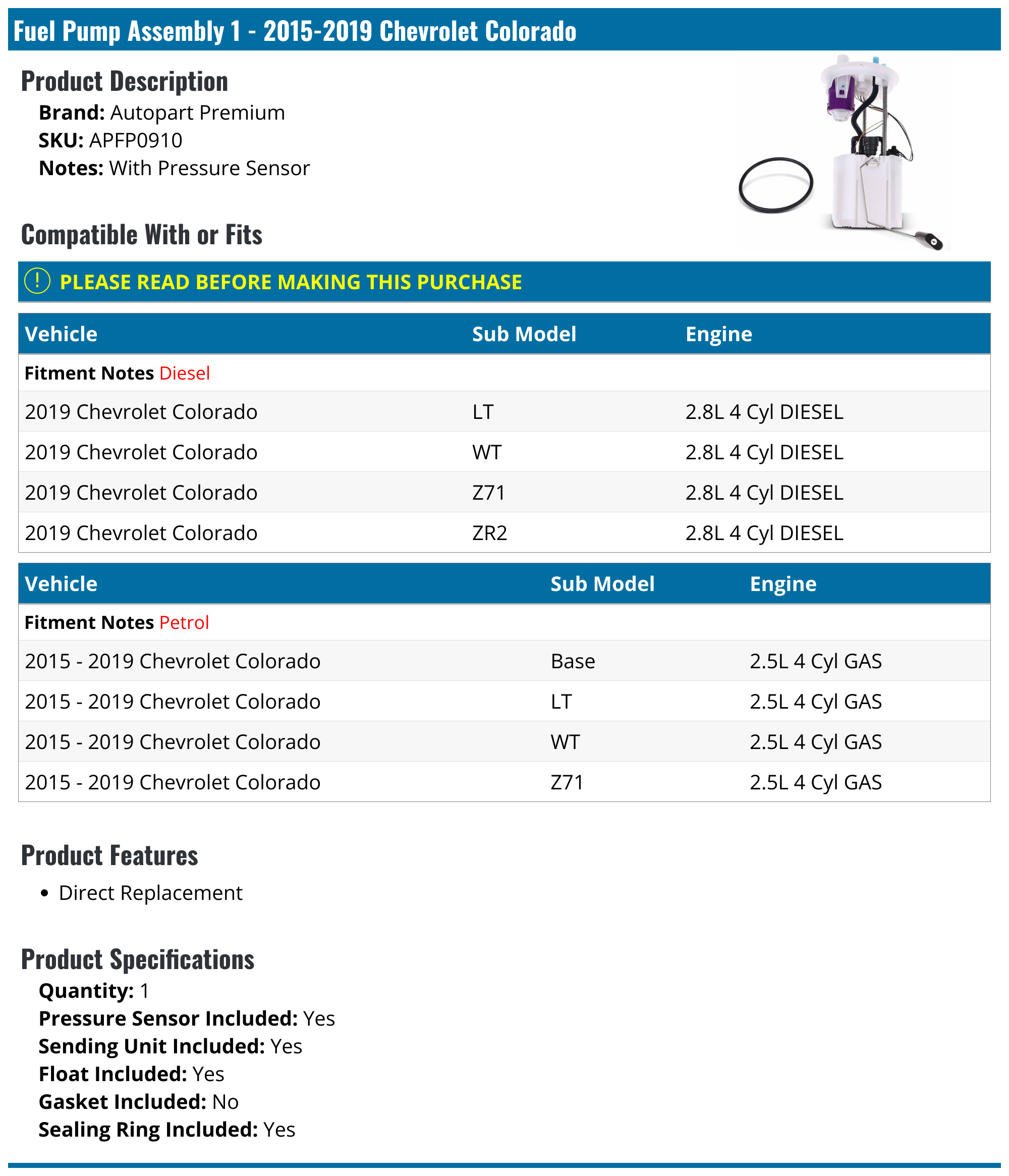 2015-2019 Chevrolet Colorado Fuel Pump - Autopart Premium APFP0910 ...