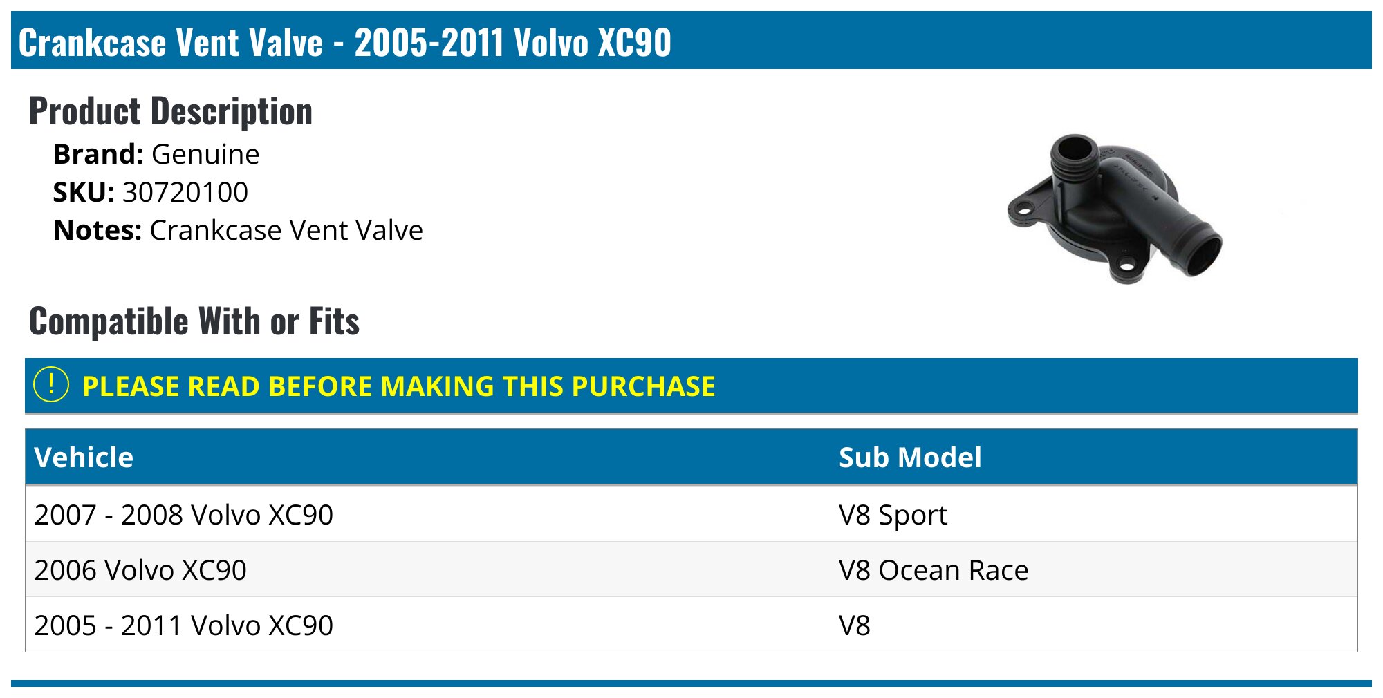 2005-2011 Volvo XC90 Crankcase Vent Valve - Genuine 30720100 ...