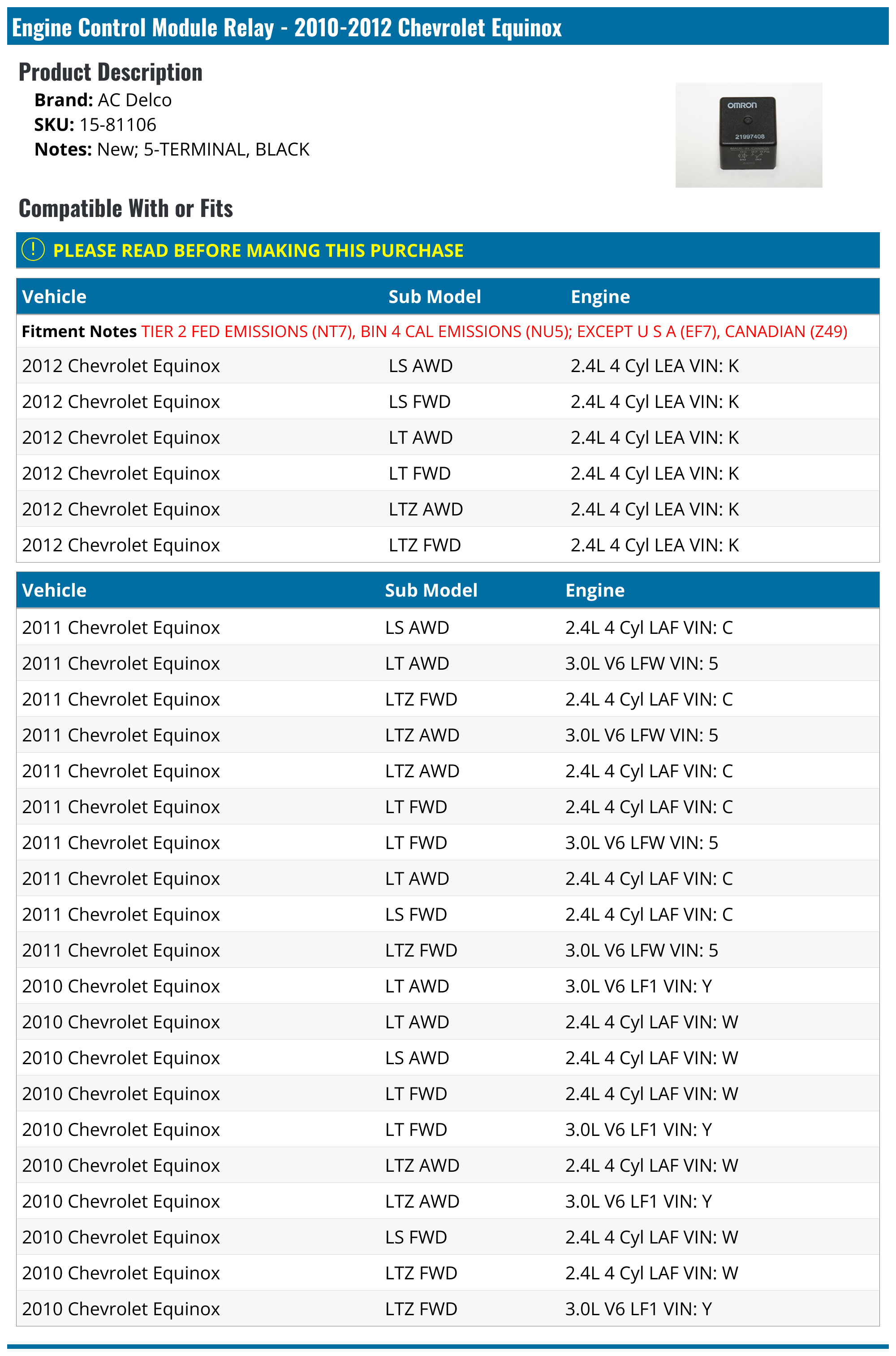 2010-2012 Chevrolet Equinox Engine Control Module Relay - AC Delco 15 ...