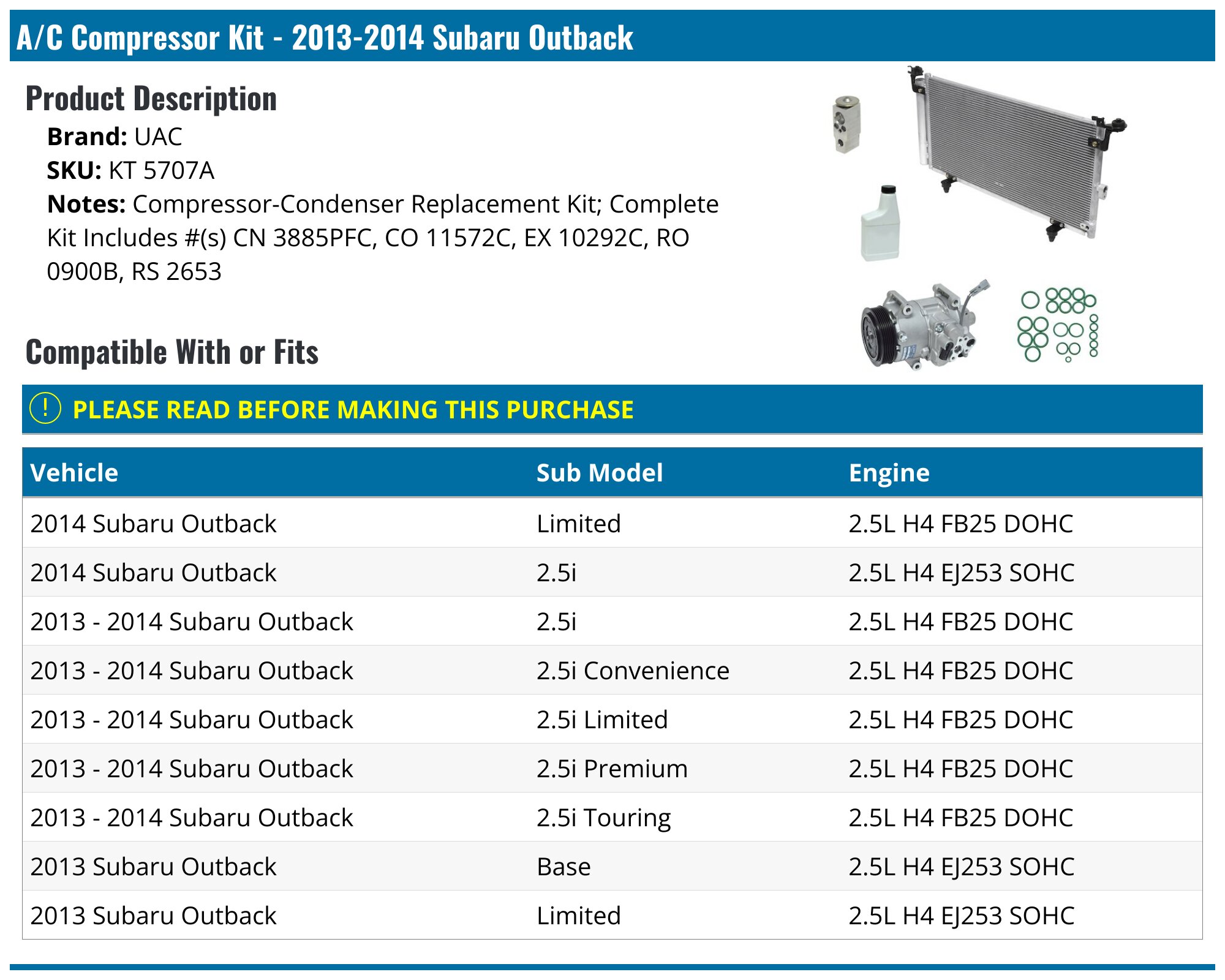 2013-2014 Subaru Outback A/C Compressor - UAC KT 5707A - PartsGeek.com