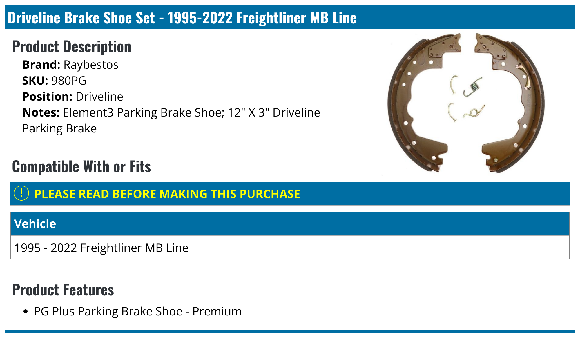 1995-2022 Freightliner MB Line Brake Shoe Set - Raybestos 980PG ...