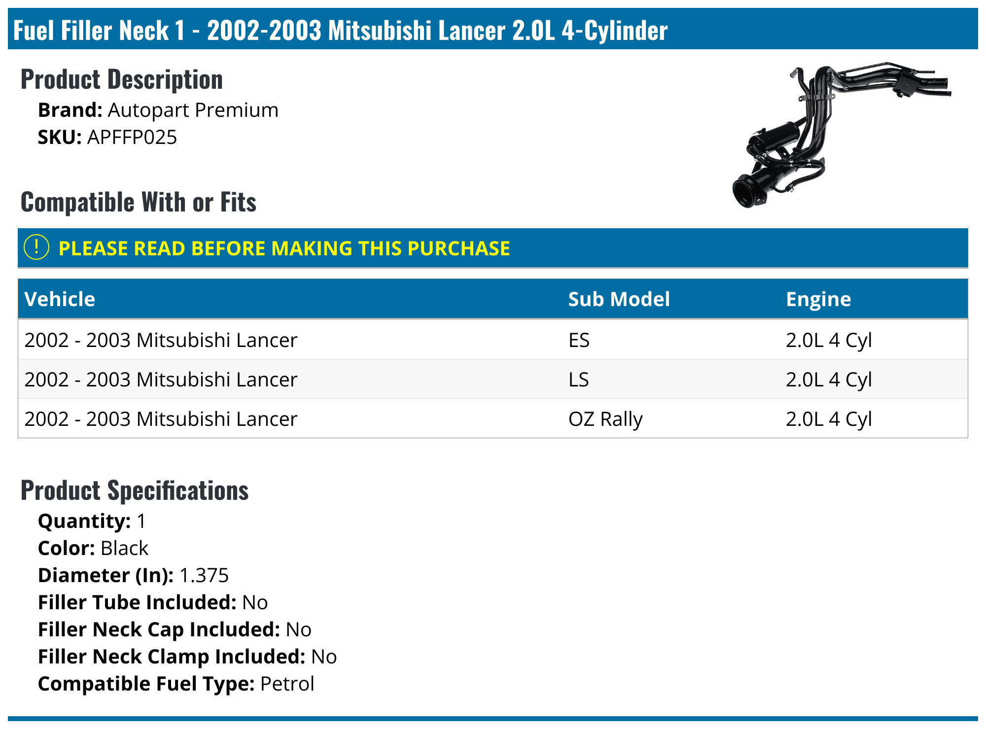 2002-2003 Mitsubishi Lancer Fuel Filler Neck - Autopart Premium ...