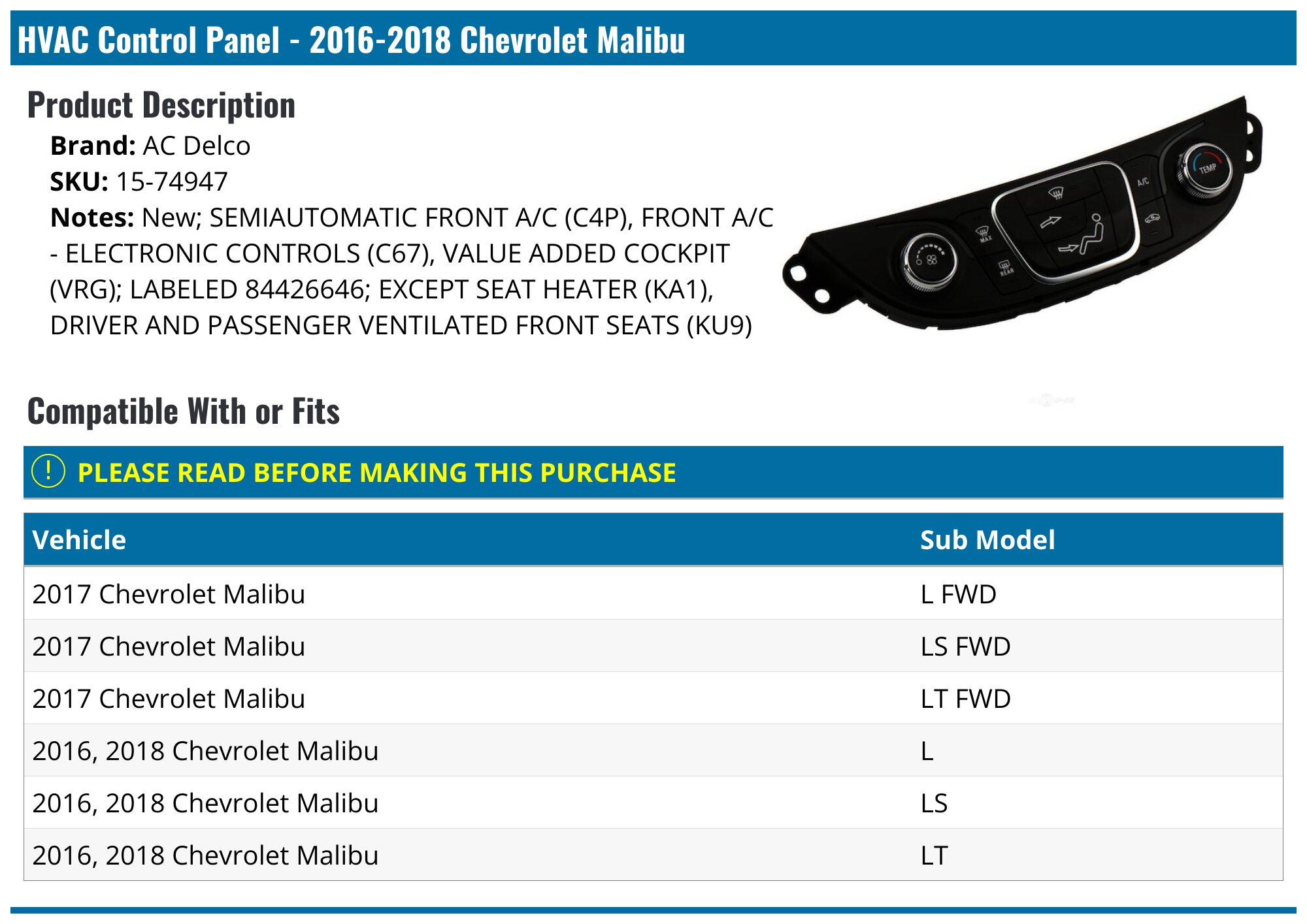 2016-2018 Chevrolet Malibu HVAC Control Module - AC Delco 15-74947 ...