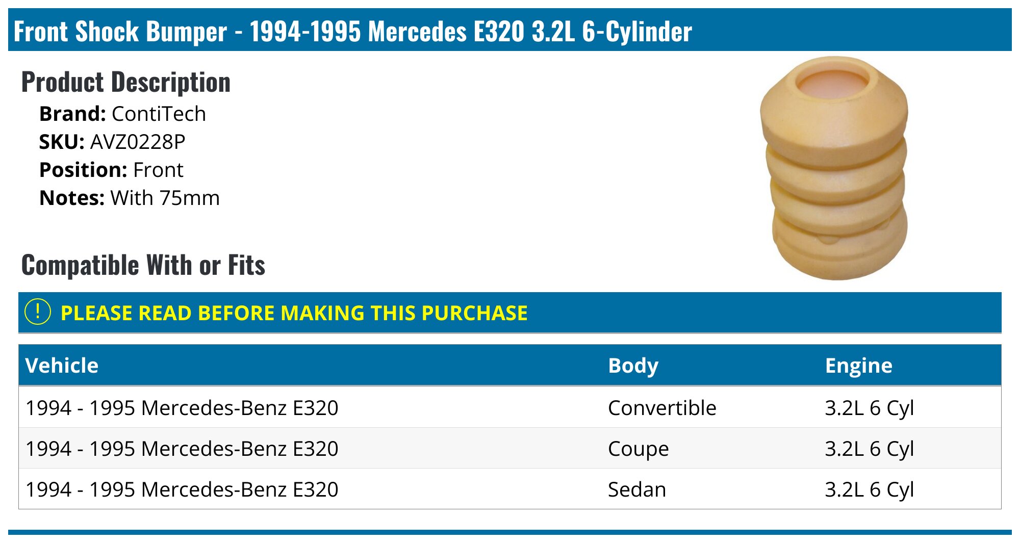 1994-1995 Mercedes E320 Shock Bumper - ContiTech AVZ0228P - Front ...