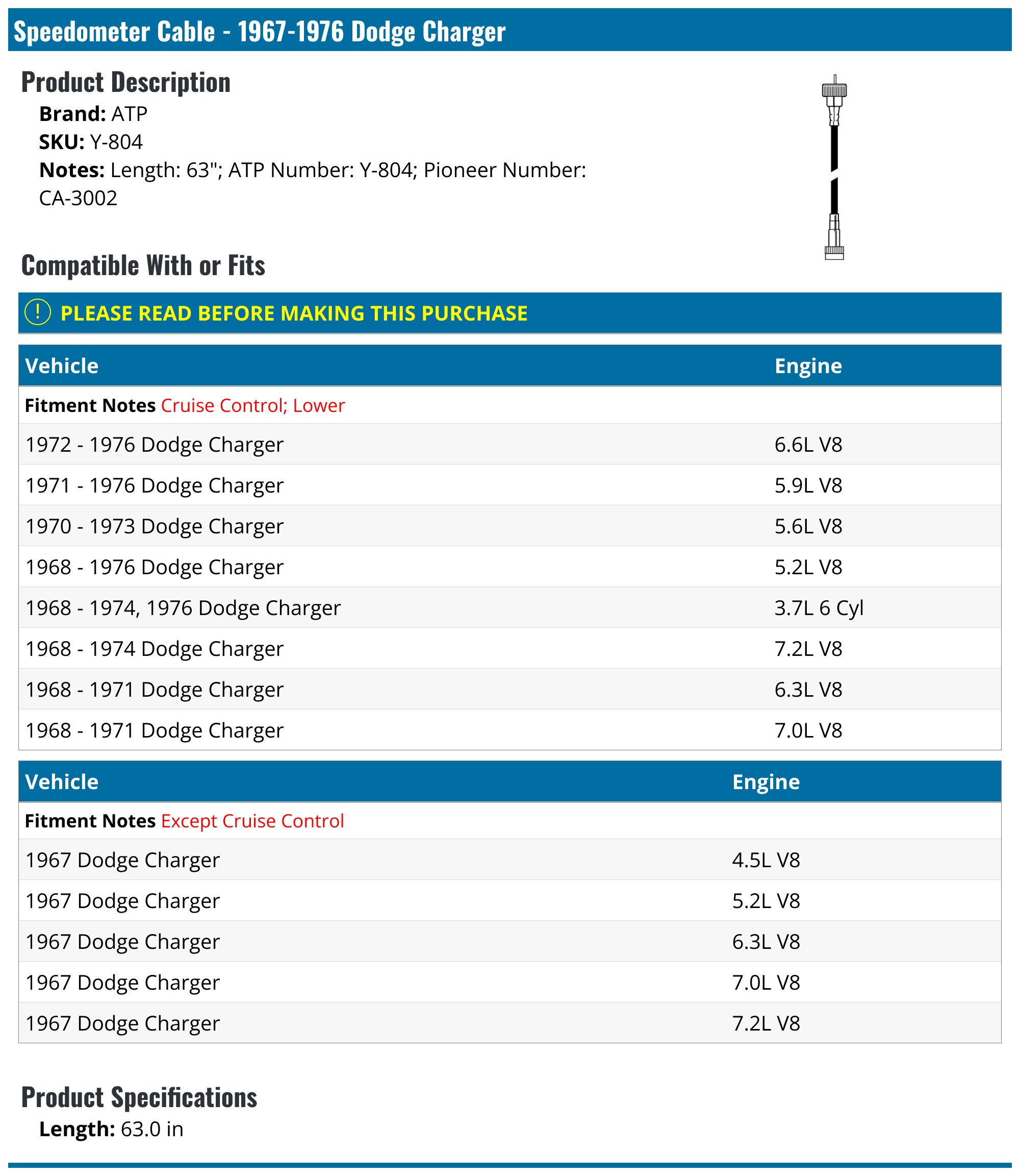 1967-1976 Dodge Charger Speedometer Cable - ATP Y-804 - PartsGeek.com