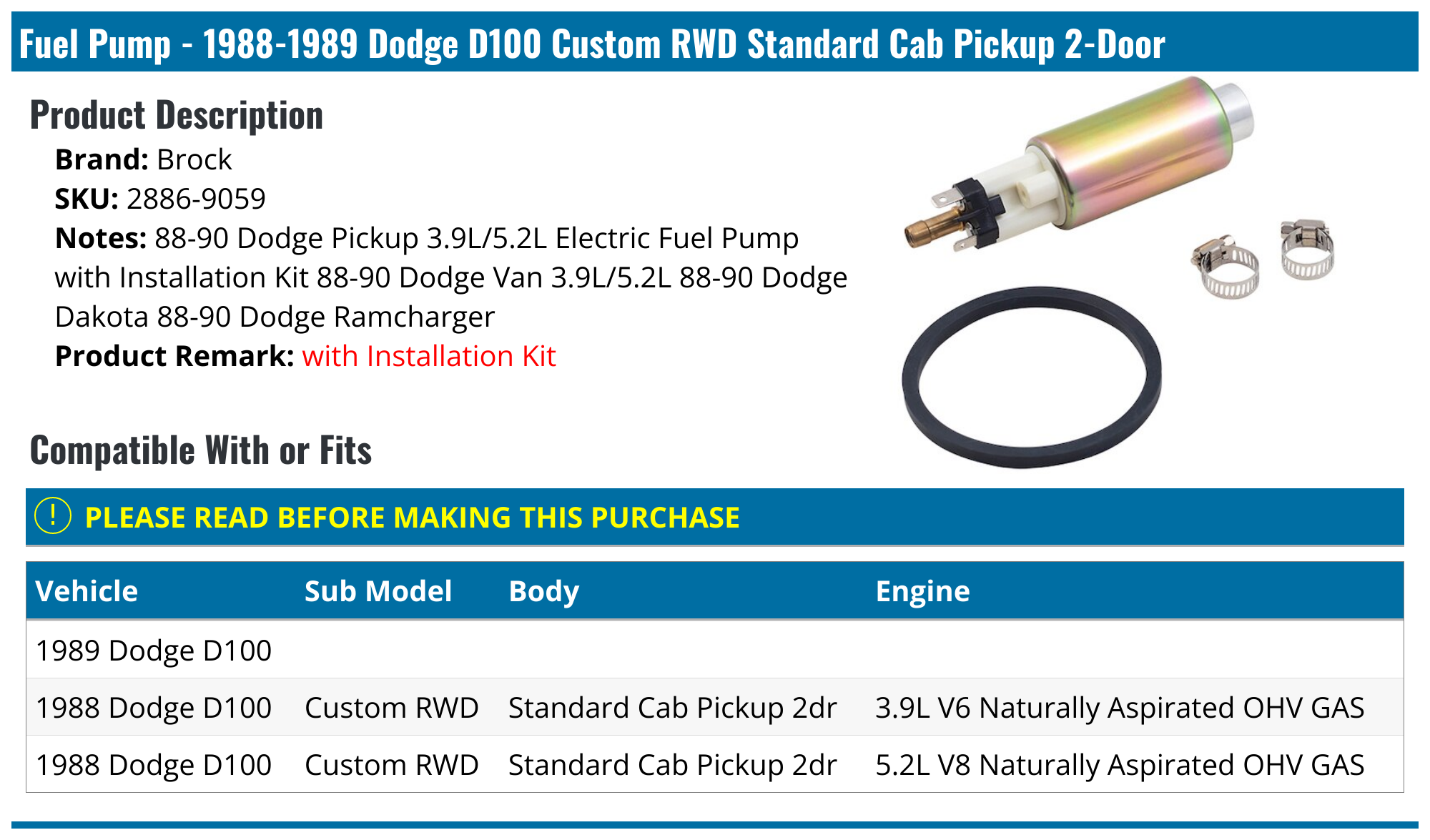 1988-1989 Dodge D100 Fuel Pump - Brock 2886-9059 - PartsGeek.com