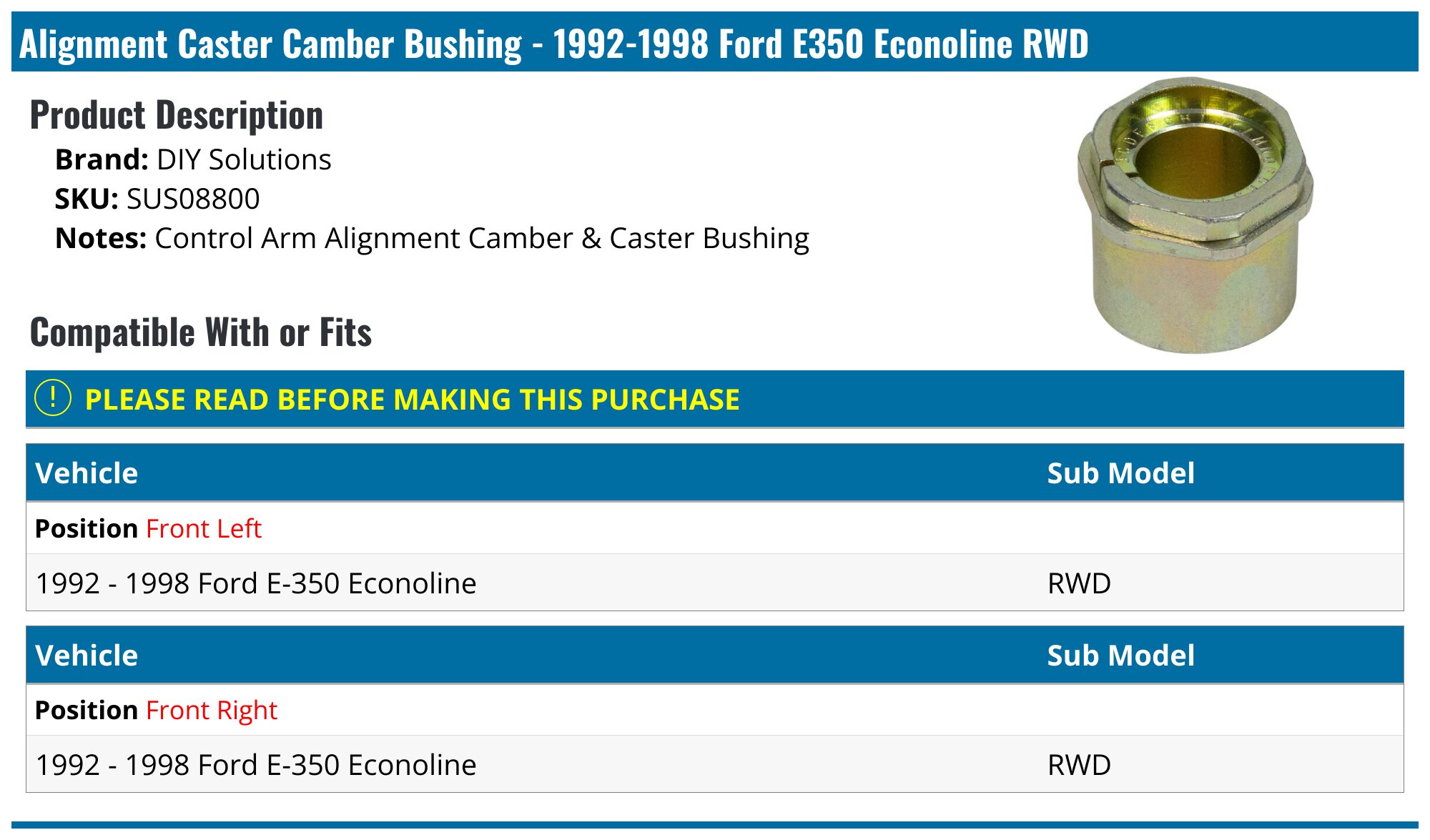 1992-1998 Ford E350 Econoline Alignment Caster Camber Bushing - DIY ...